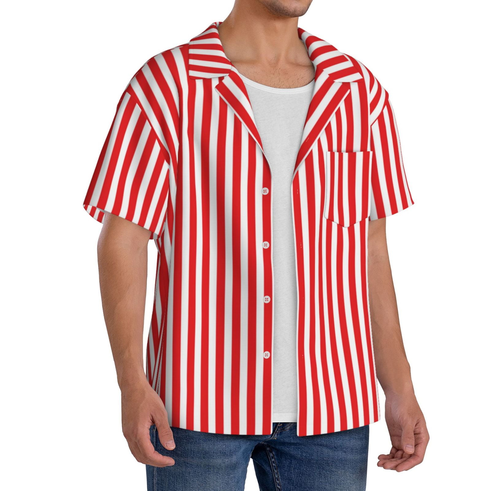 Picia Red And White Stripes Men's Linen Shirts Short Sleeve Cuban Beach ...