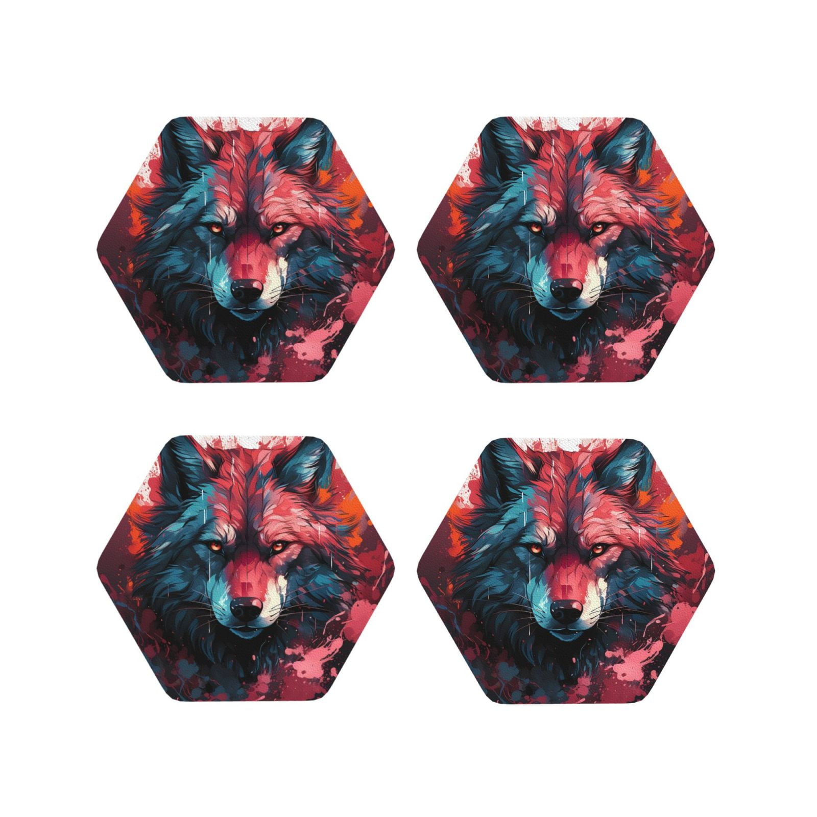 Picia Red Flame Wolf Head Printed Leather Coasters for Drinks, 4" Drink ...