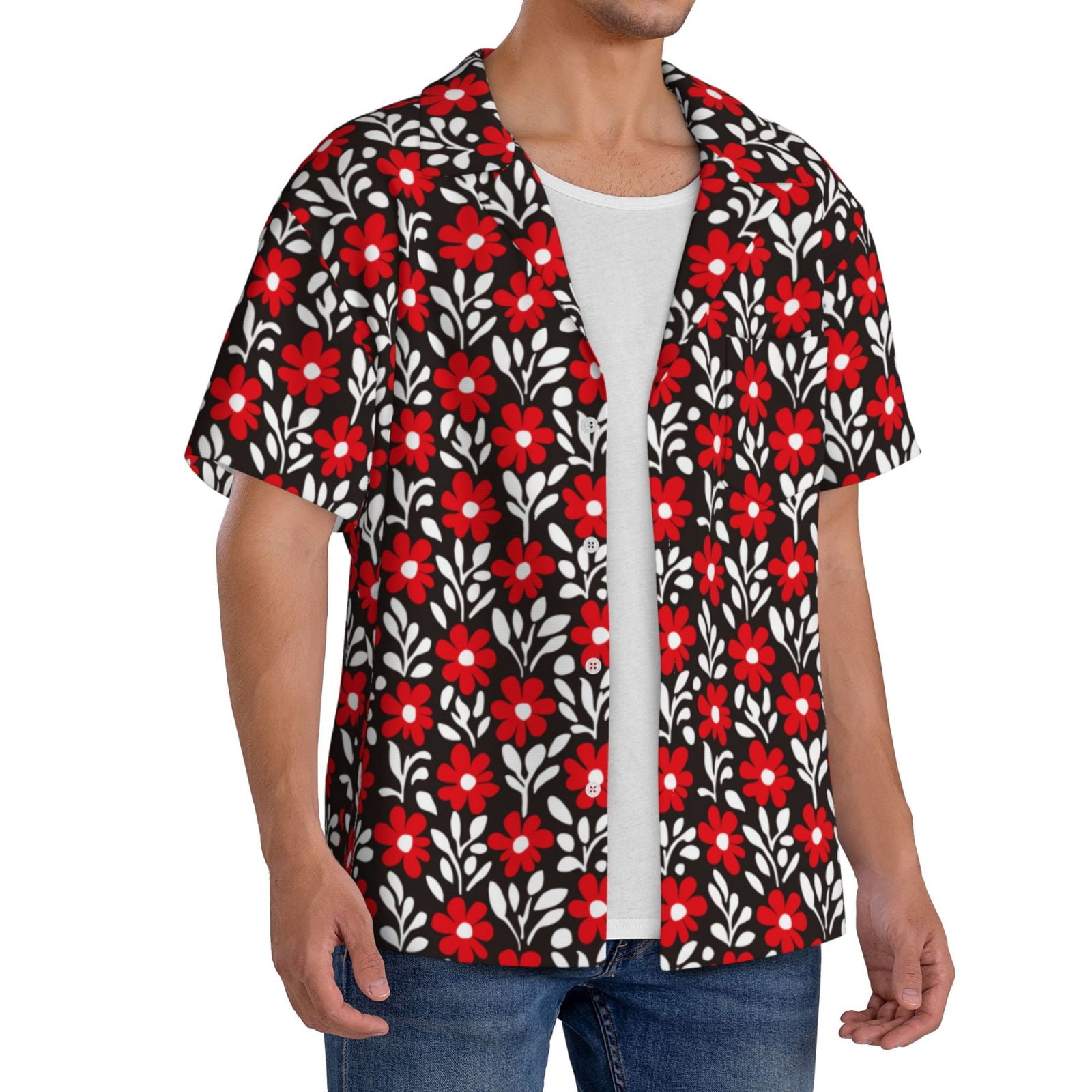 Picia Red Floral Men's Linen Shirts Short Sleeve Cuban Beach Shirts ...