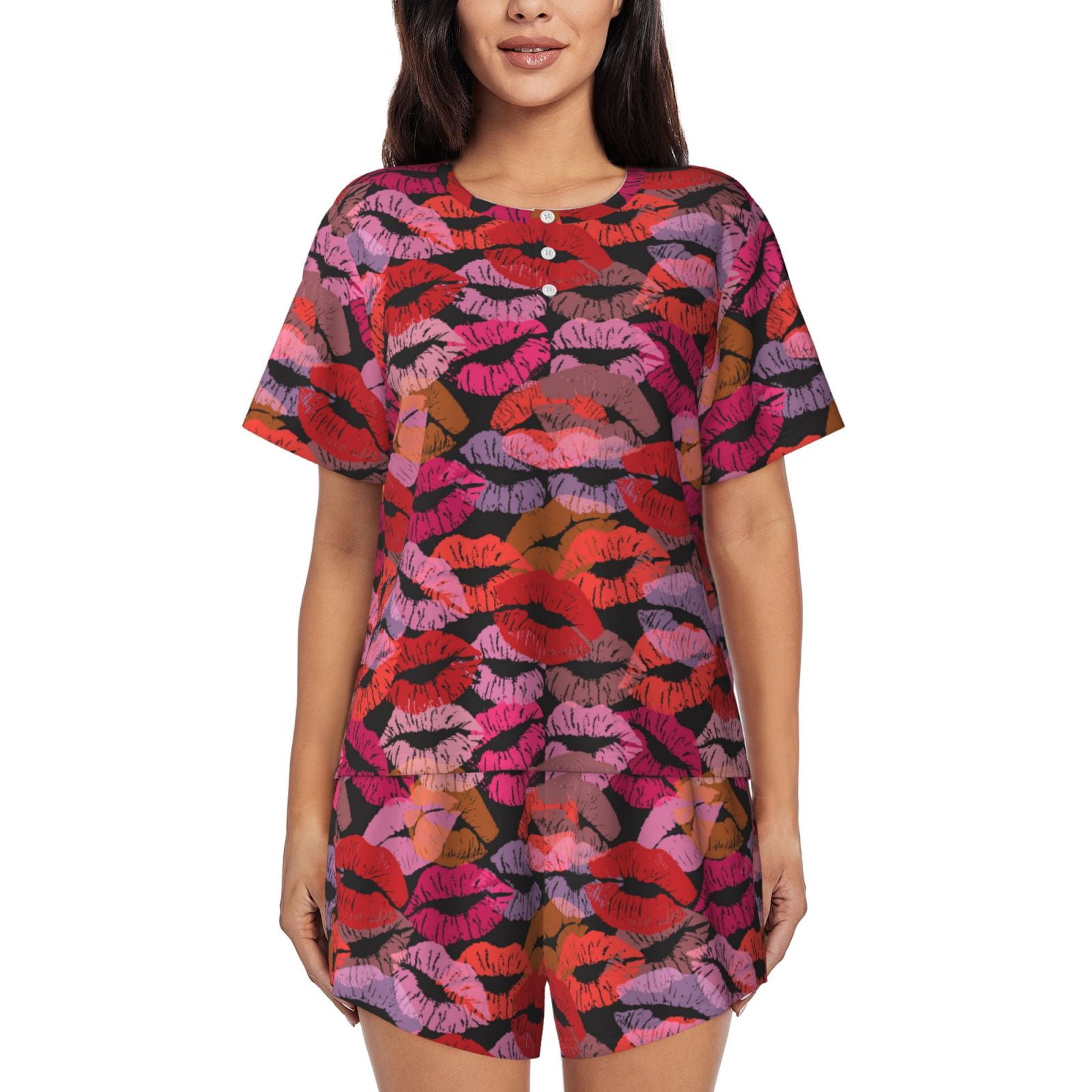 Picia Red Lips Kissing Pajamas Sets for Women Soft Short-Sleeved Pjs ...