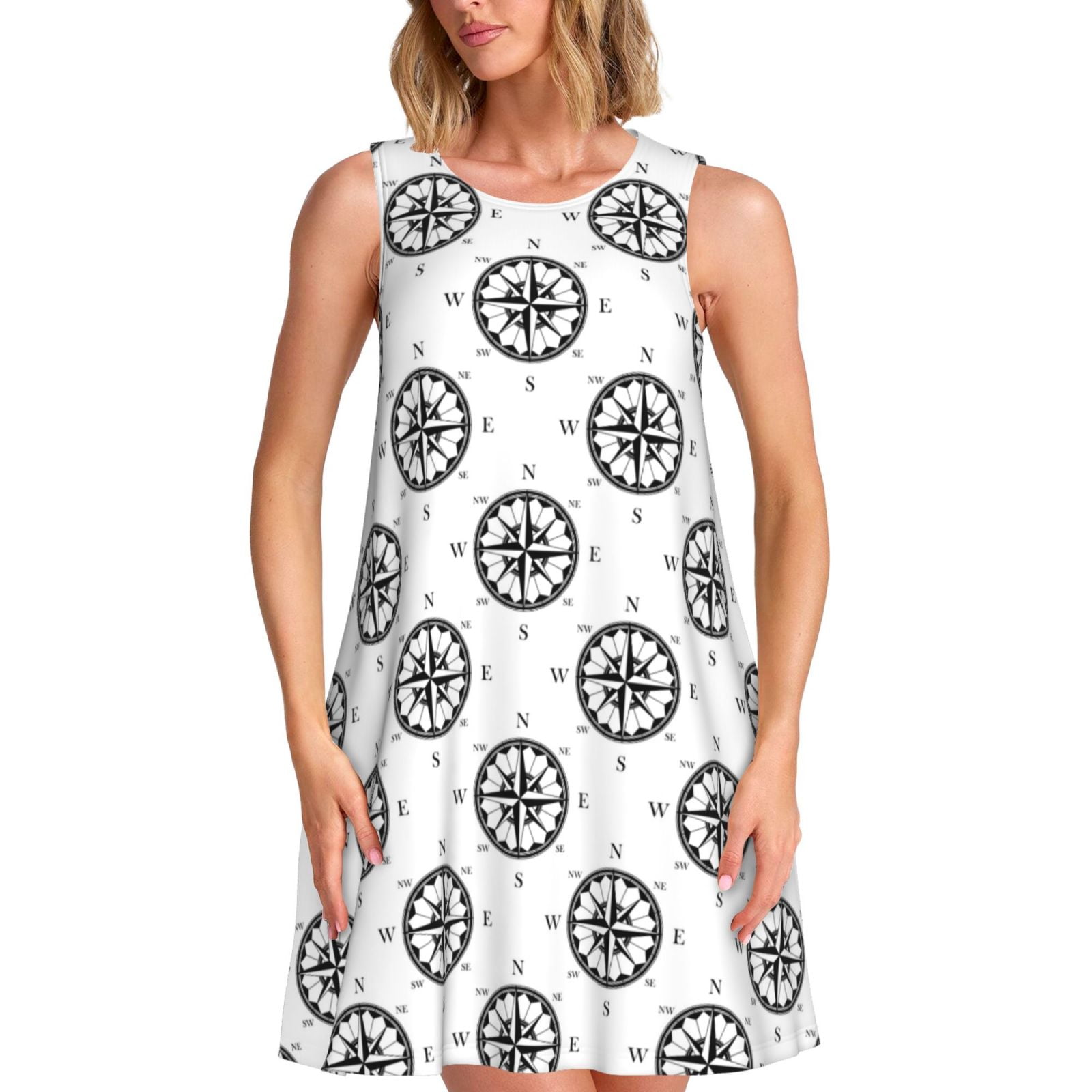 Picia Retro Compass Print Women’s Sleeveless Midi Swing Dress – A-Line ...