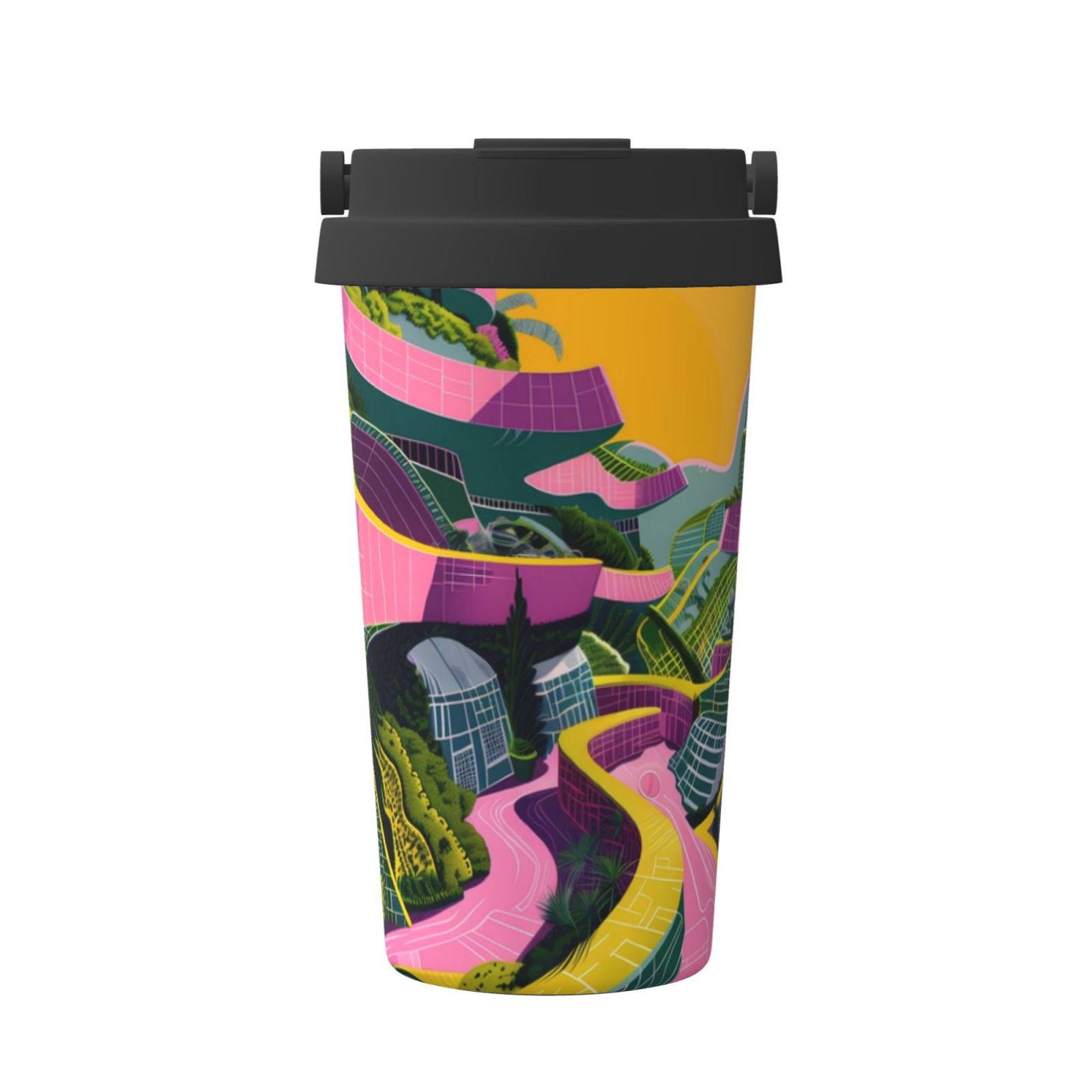 Picia Retro Futuristic Landscape Pattern 500ml Carry Insulated Coffee ...