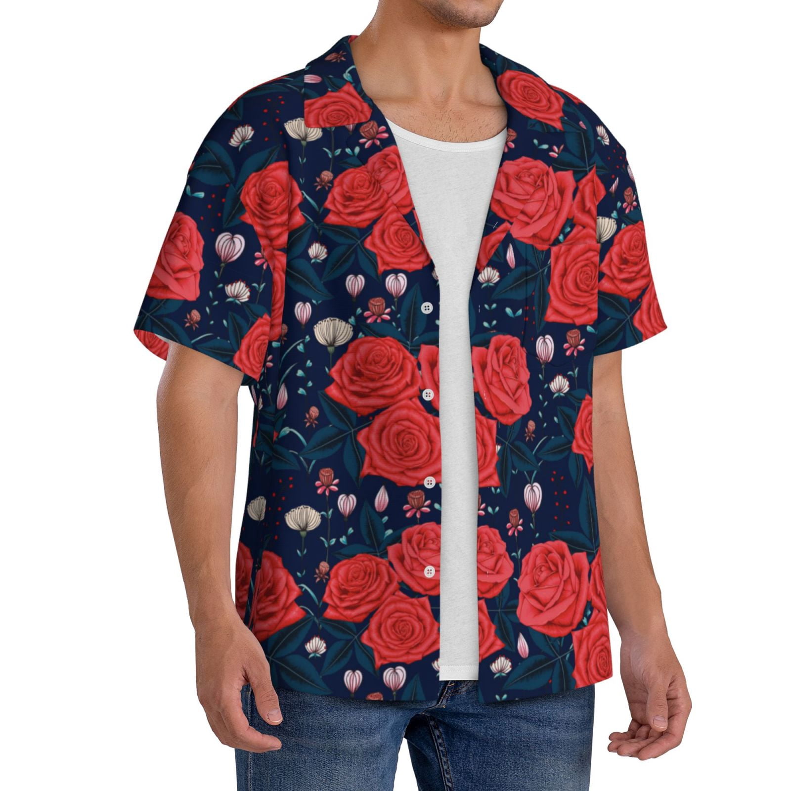 Picia Rose Flower Men's Linen Shirts Short Sleeve Cuban Beach Shirts ...