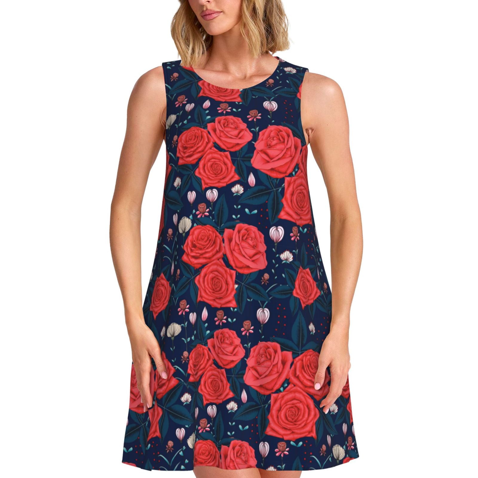 Picia Rose Flower Print Women’s Sleeveless Midi Swing Dress – A-Line ...