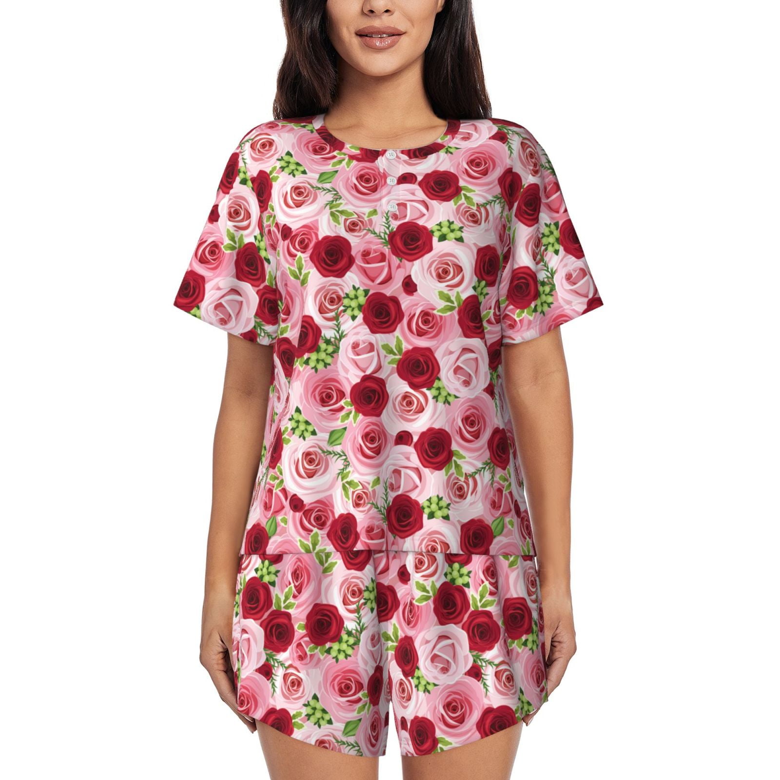 Picia Rose Flowers Pajamas Sets for Women Soft Short-Sleeved Pjs with ...
