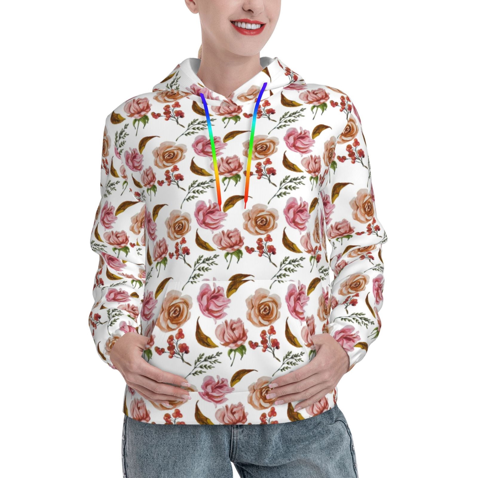 Picia Rose Flowers Pattern Casual Women's Hoodie, Hooded Sweatshirt ...