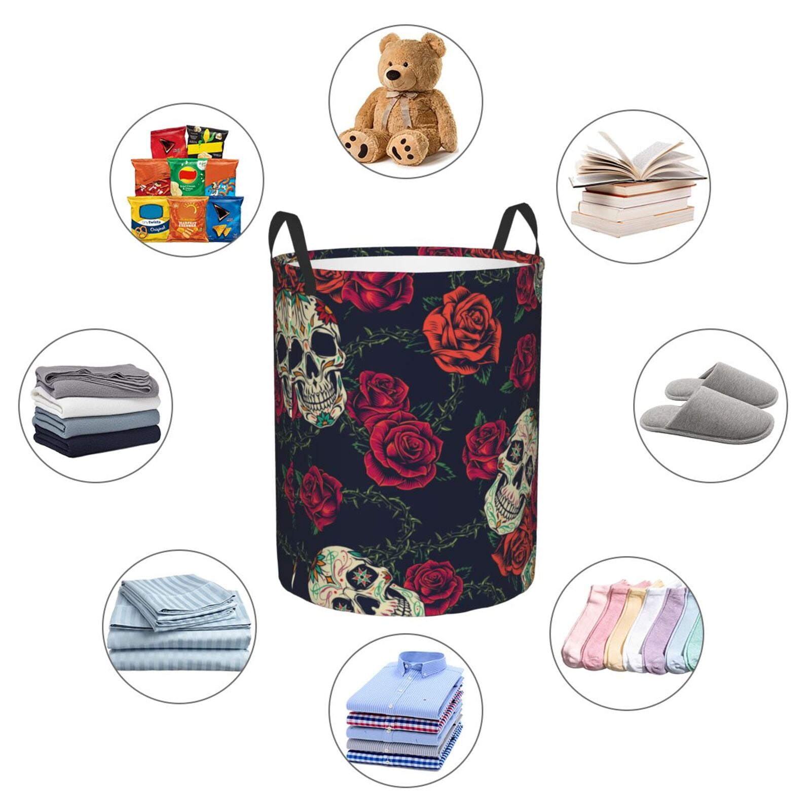 Picia Roses Skulls Large Laundry Basket, Waterproof, Freestanding ...