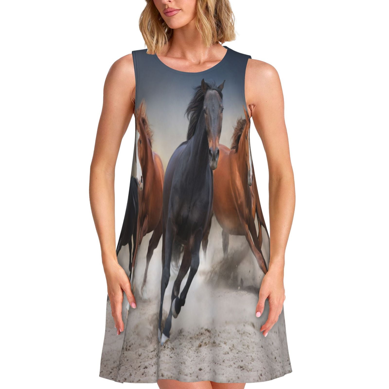Picia Running Horses Print Women’s Sleeveless Midi Swing Dress – A-Line ...