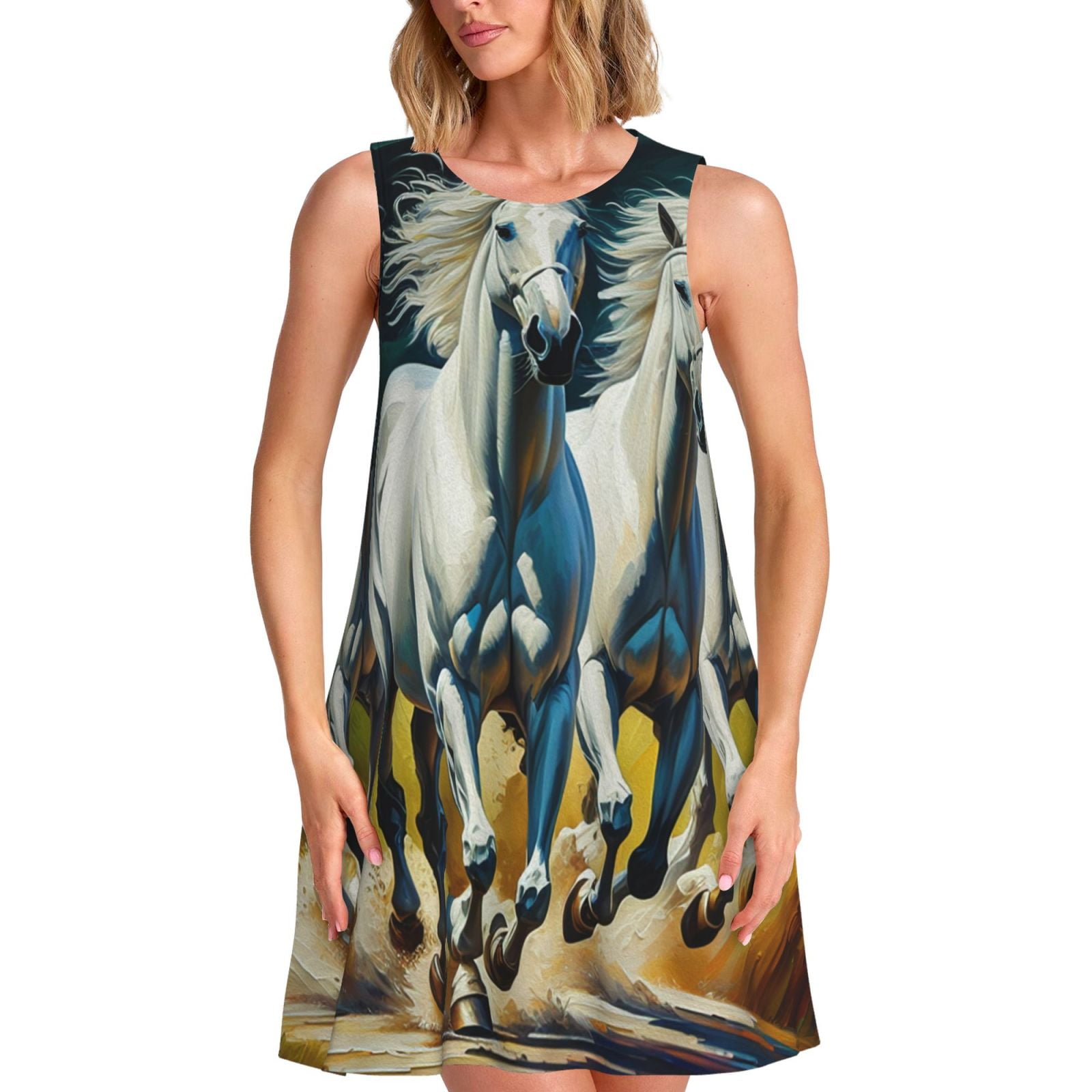 Picia Running horses Print Women’s Sleeveless Midi Swing Dress – A-Line ...