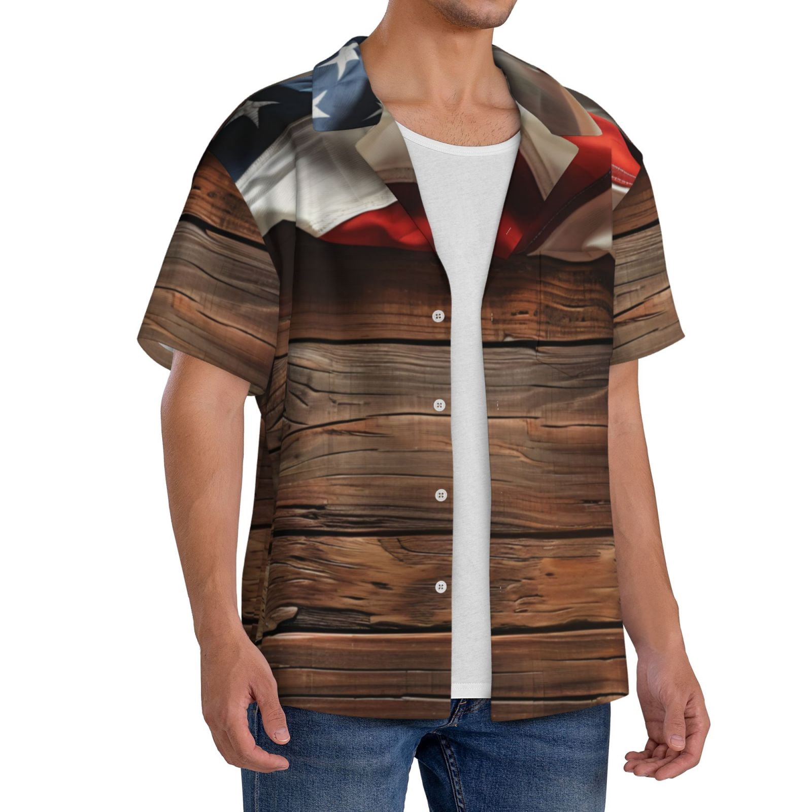 Picia Rustic American Flag Wood Men's Linen Shirts Short Sleeve Cuban ...