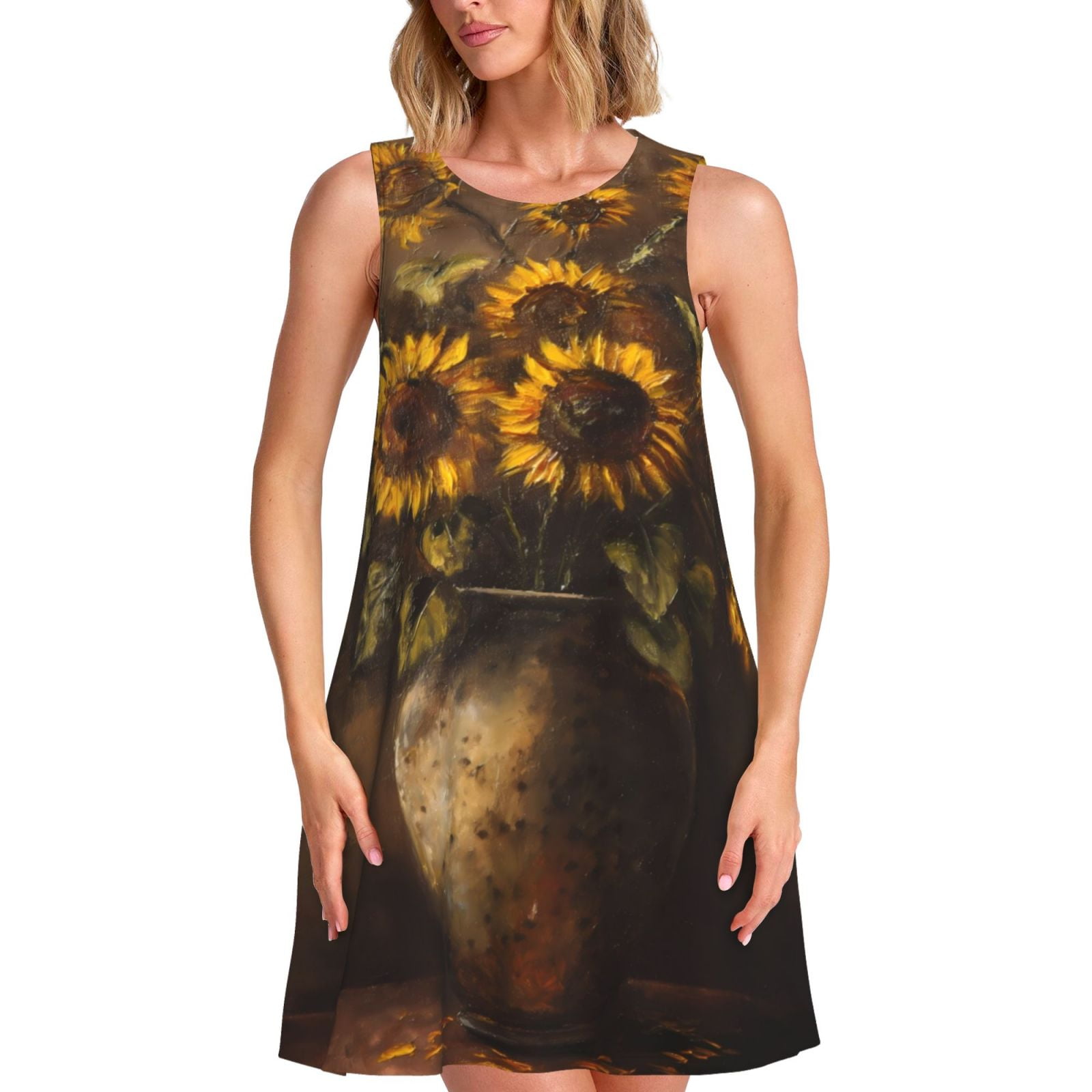 Picia Rustic Sunflower Bouquet Print Women’s Sleeveless Midi Swing ...