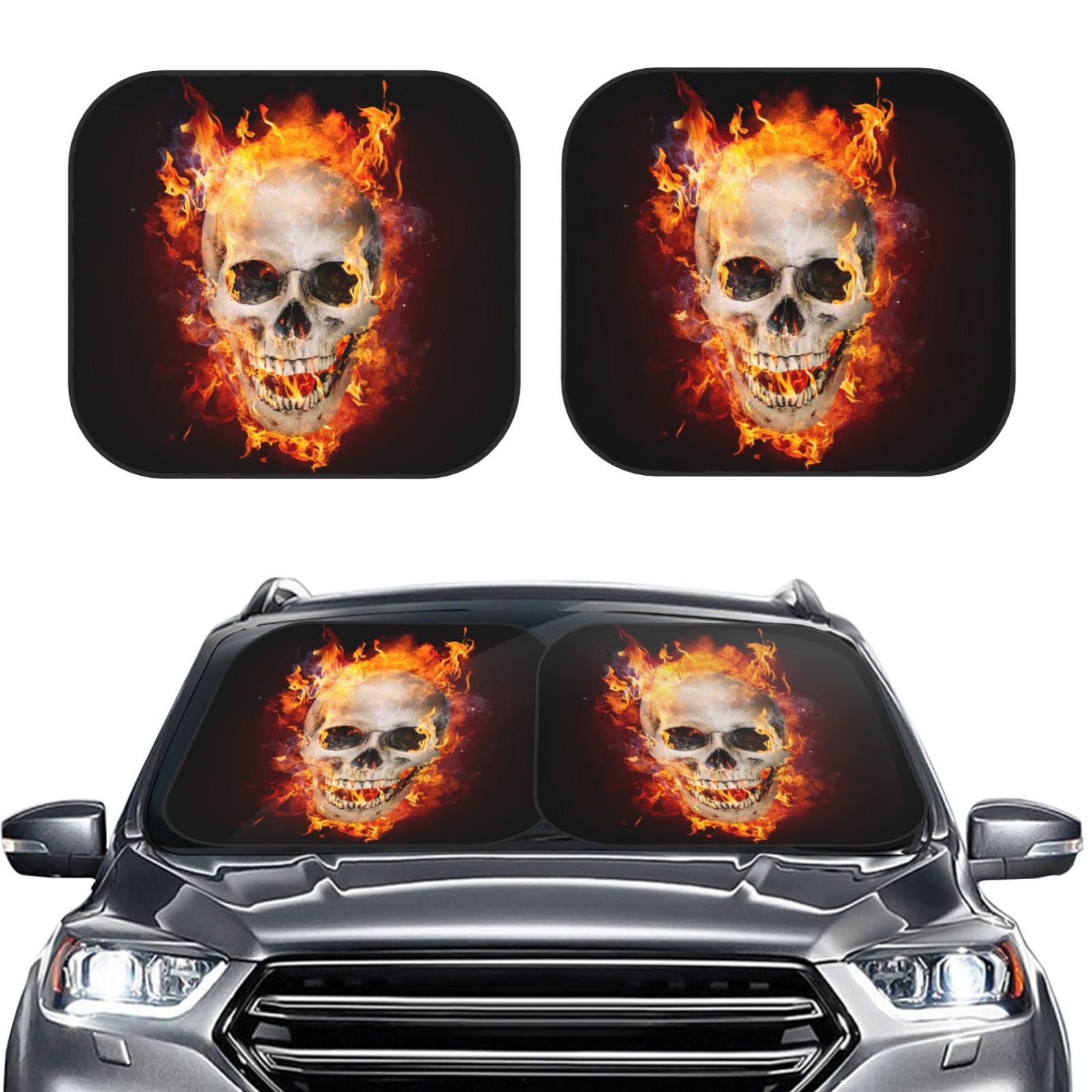 Picia Satanic Skull In Flames In The Darkness 2 Piece Car Windshield ...