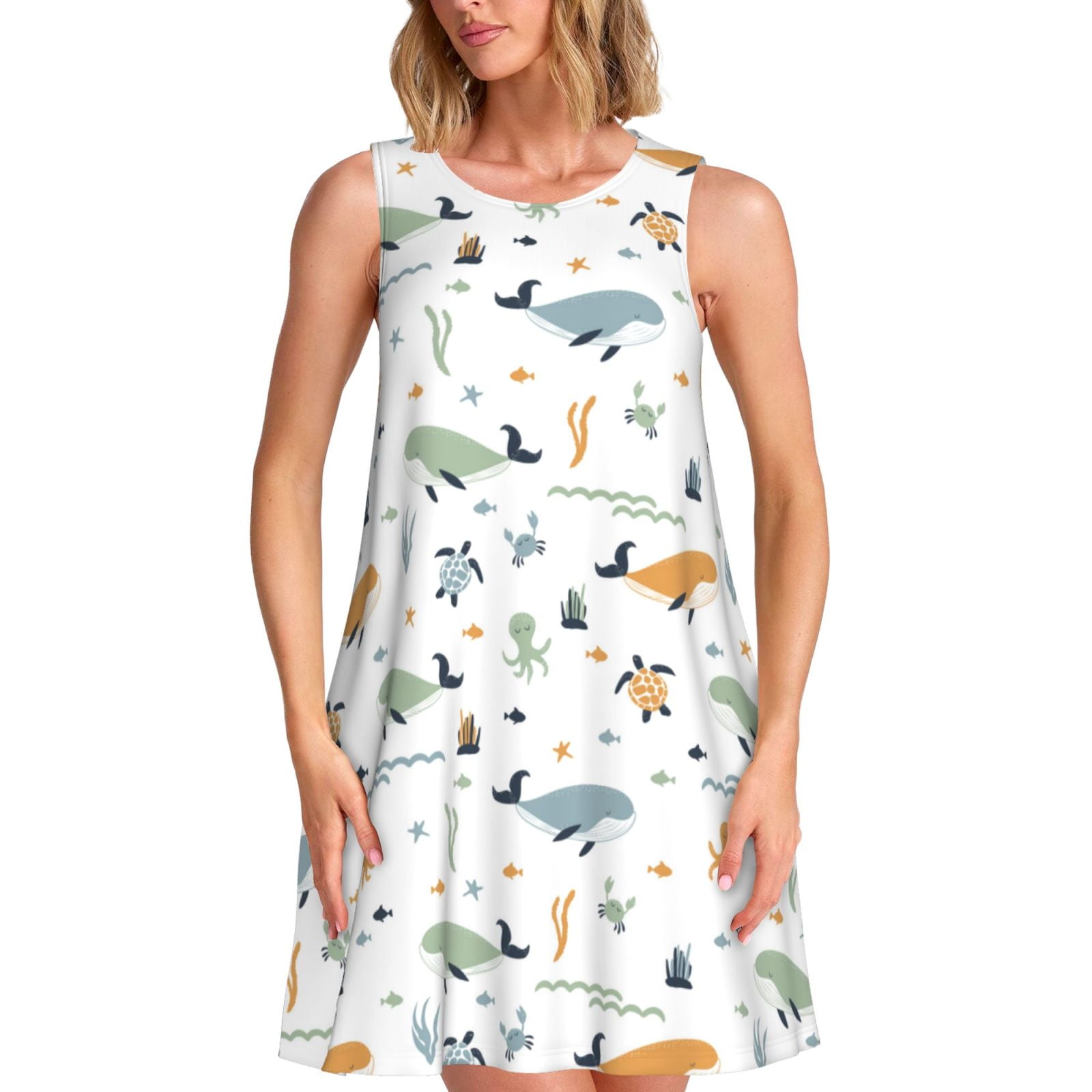 Picia Sea Creatures Print Women’s Sleeveless Midi Swing Dress – A-Line ...