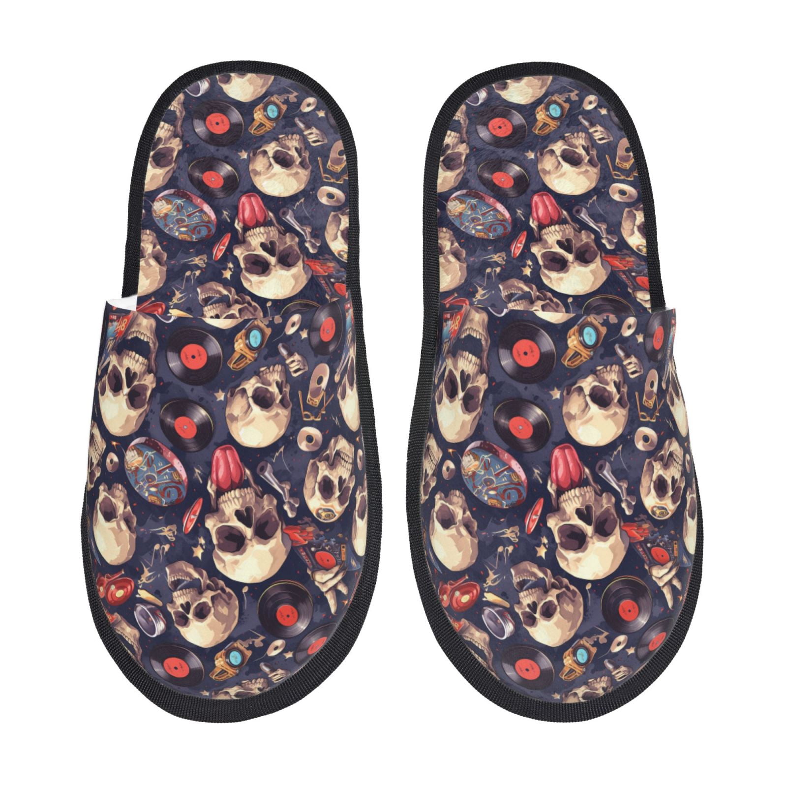 Picia Skull record rock Print Women's Fuzzy Fluffy House Slippers Plush ...