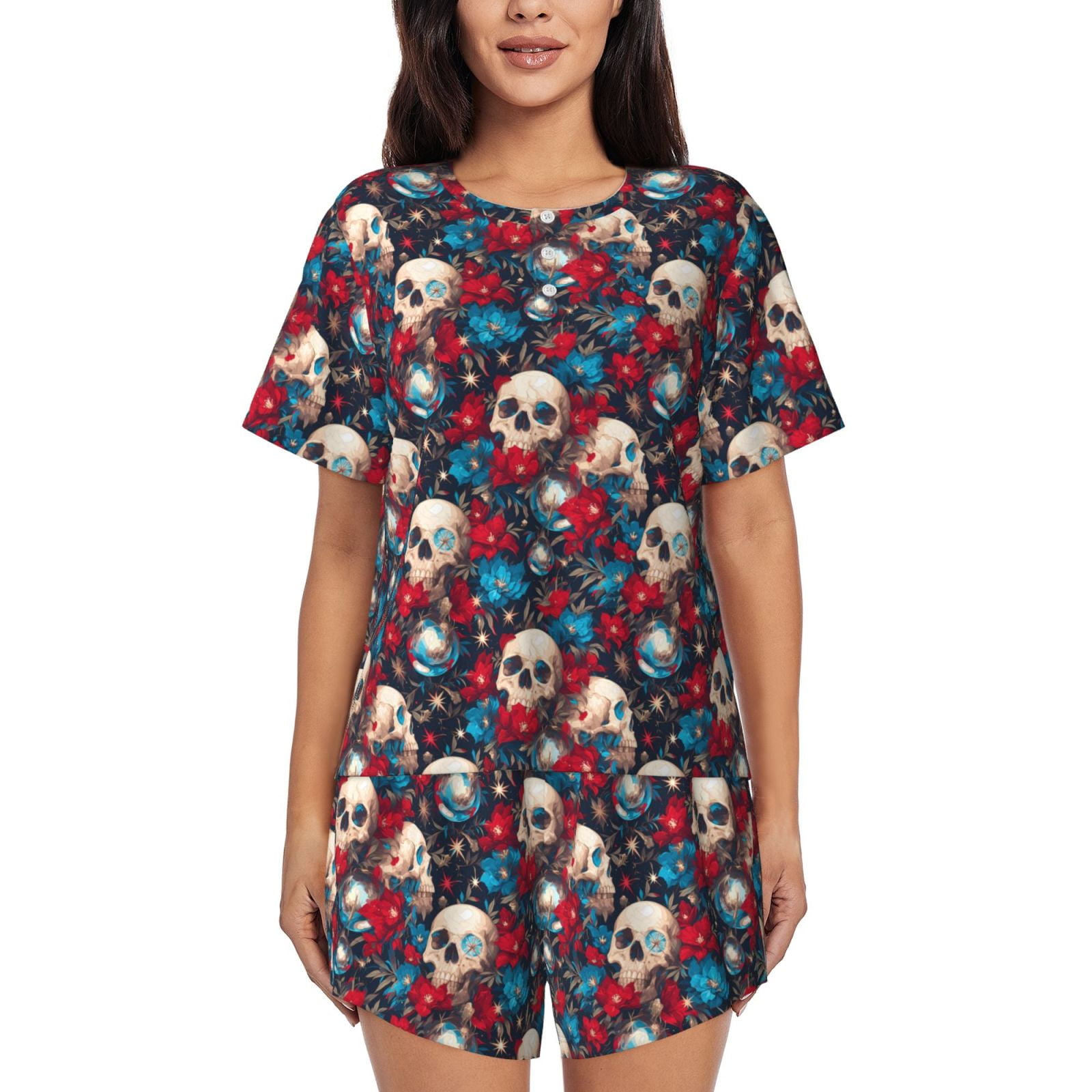 Picia Skull red flower blue Pajamas Sets for Women Soft Short-Sleeved ...