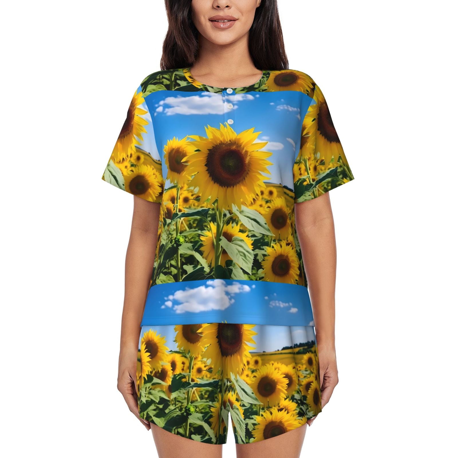 Picia Sky Golden Sunflower Field B Pajamas Sets for Women Soft Short ...