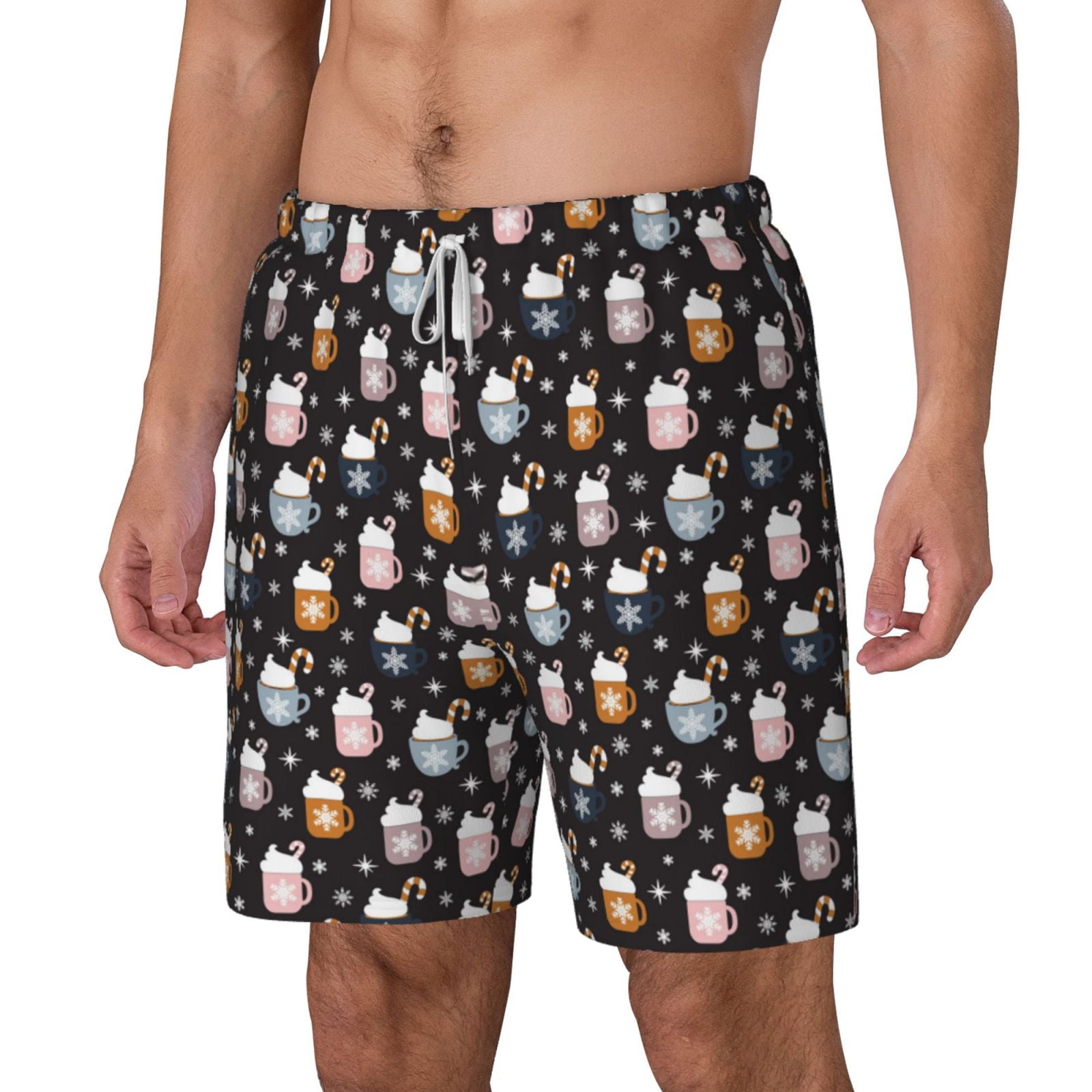 Picia Snowflake Cream Hot Cocoa pattern Mens Swim Trunks with Compression Liner Stretch Beach ...