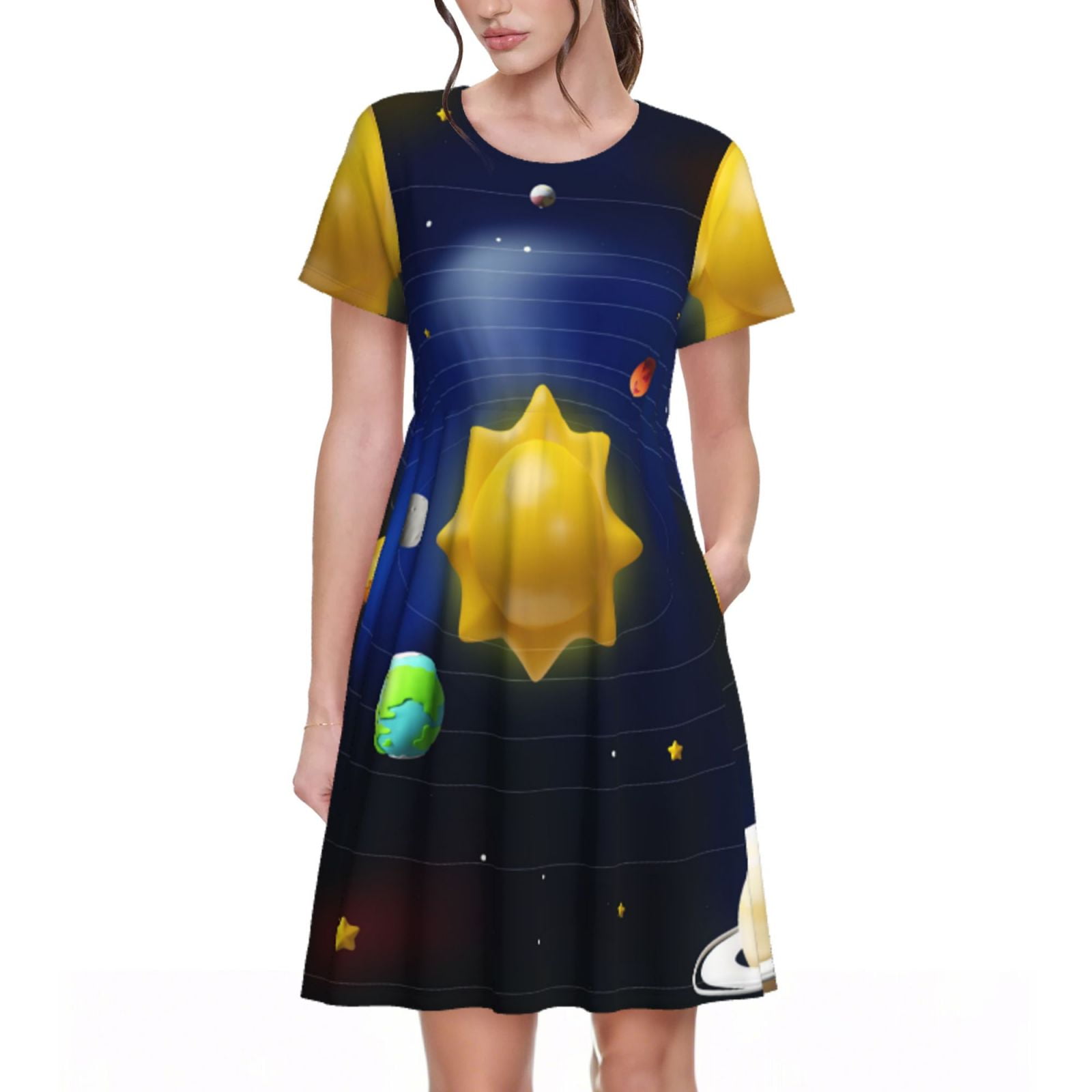 Picia Solar System Pattern Women's Short Sleeve Summer Dress Pleated ...