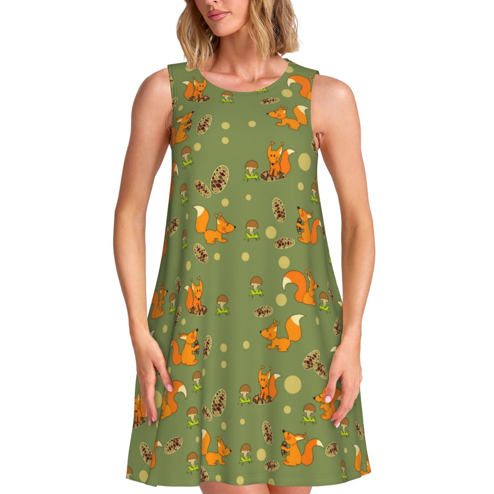 Picia Squirrel And Nuts Print Women’s Sleeveless Midi Swing Dress – A ...