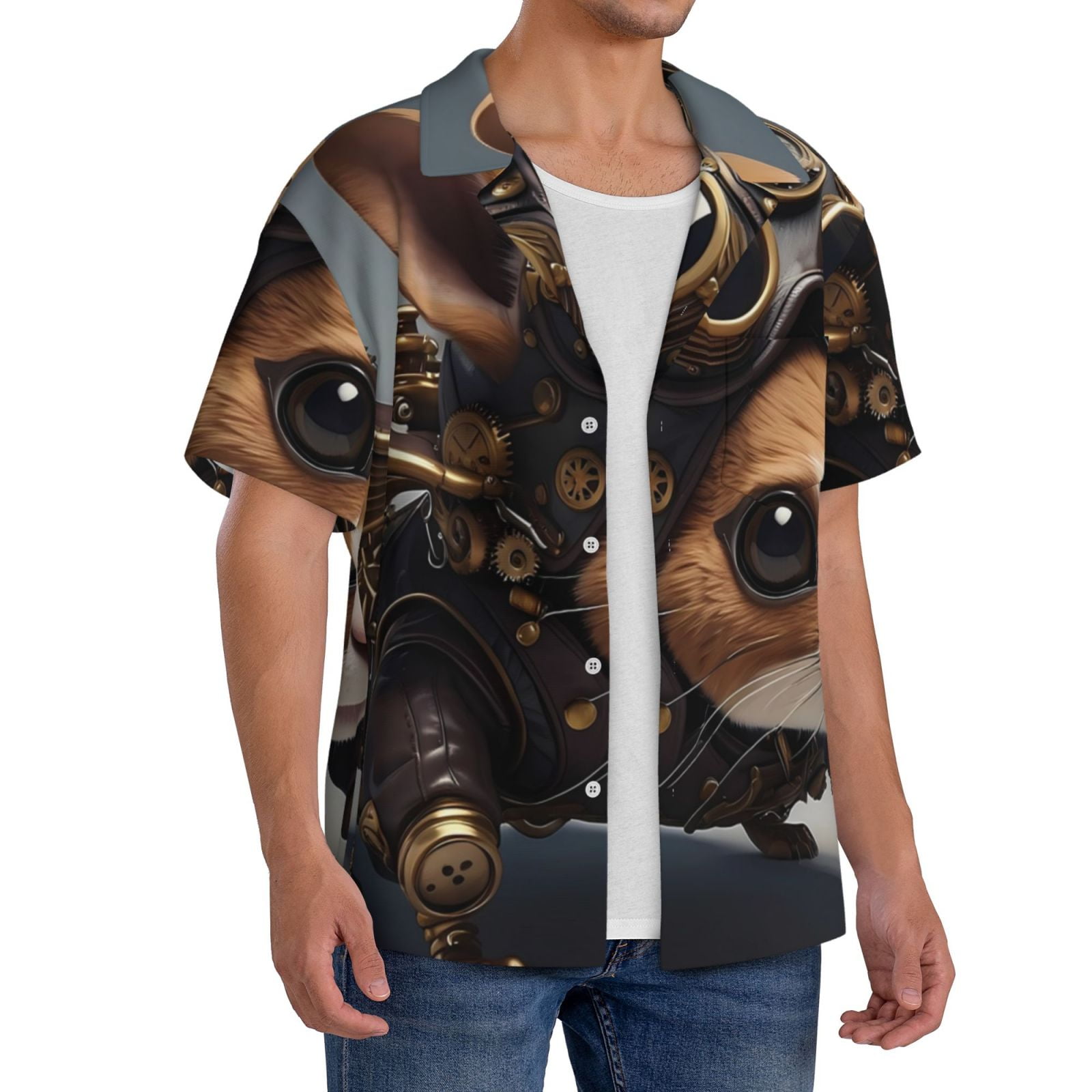 Picia Steampunk Squirrel Pilot Men's Linen Shirts Short Sleeve Cuban ...