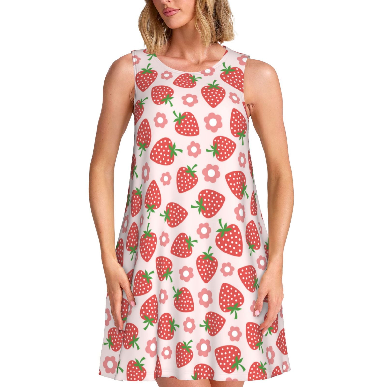 Picia Strawberry Flower Print Women’s Sleeveless Midi Swing Dress – A ...
