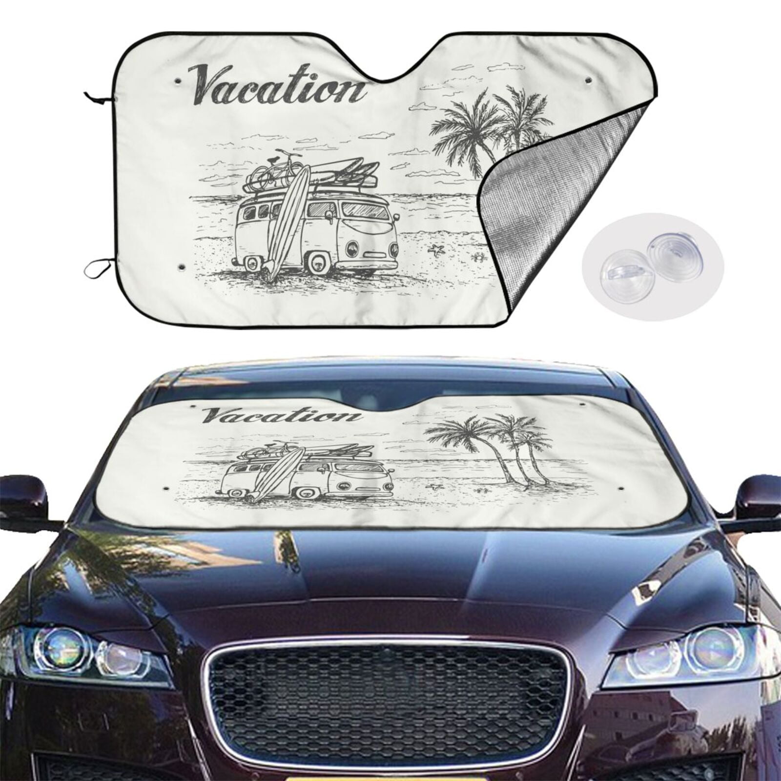 Picia Summer Vacation Scene With Camping Van Curved Windshield Sunshade ...