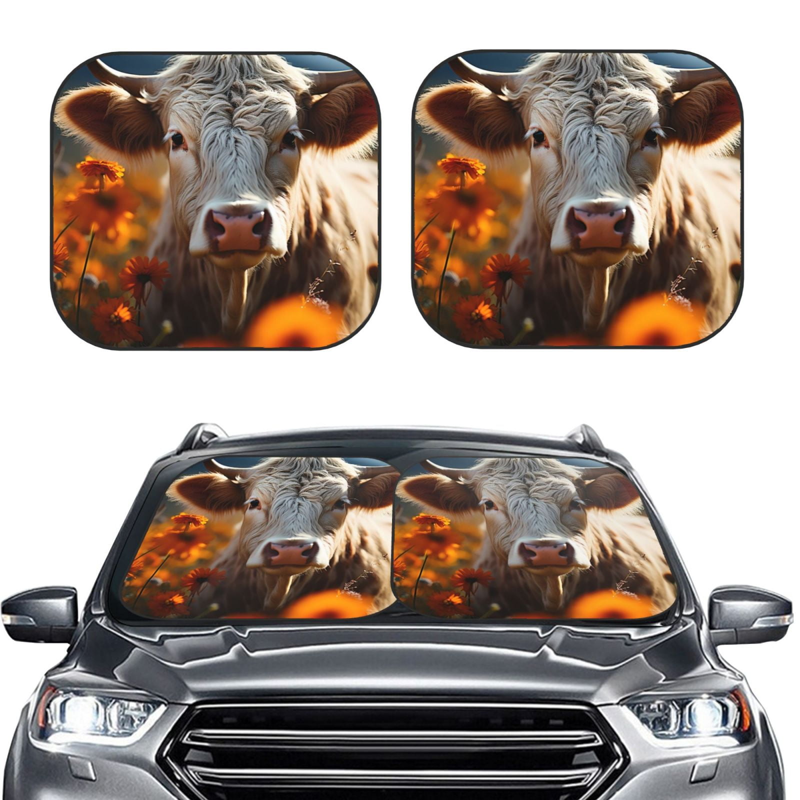 Picia Sunflower Cow In Flower Field 2 Piece Car Windshield Sun Shade ...