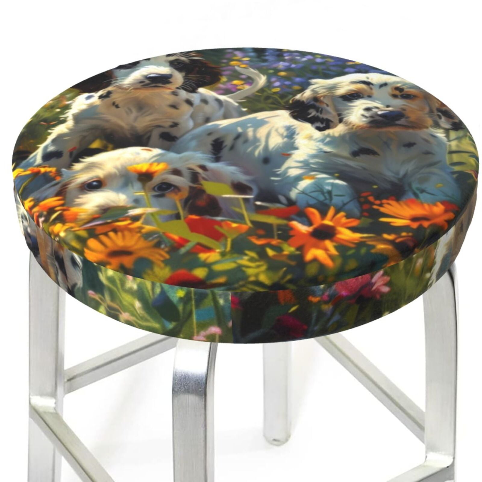 Picia Sunflower Field Spotted Dog pattern Round Stool Covers Comfy Seat ...