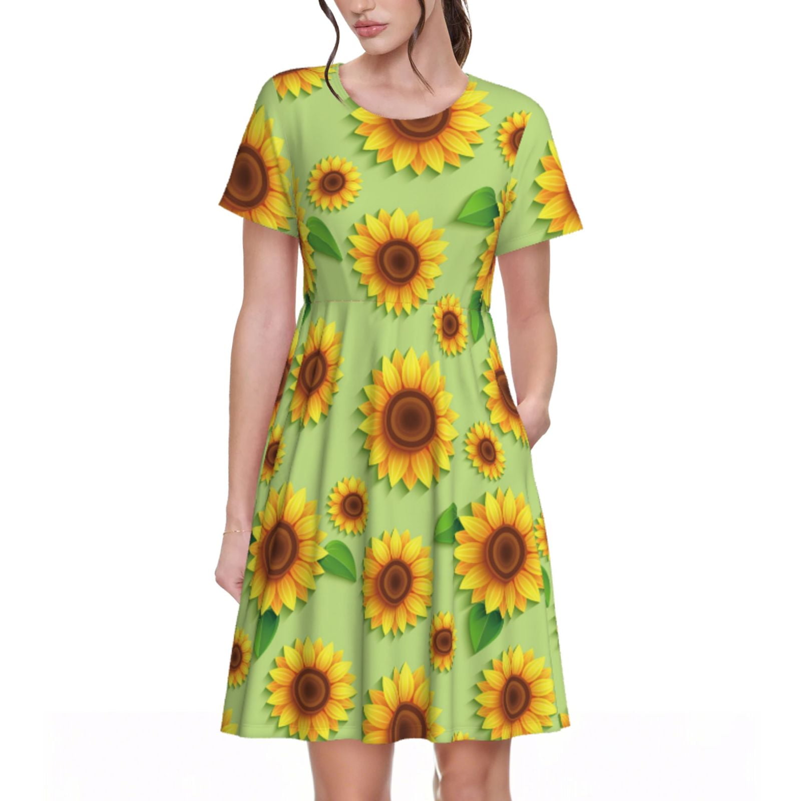 Picia Sunflower Leaves Pattern Women's Short Sleeve Summer Dress ...