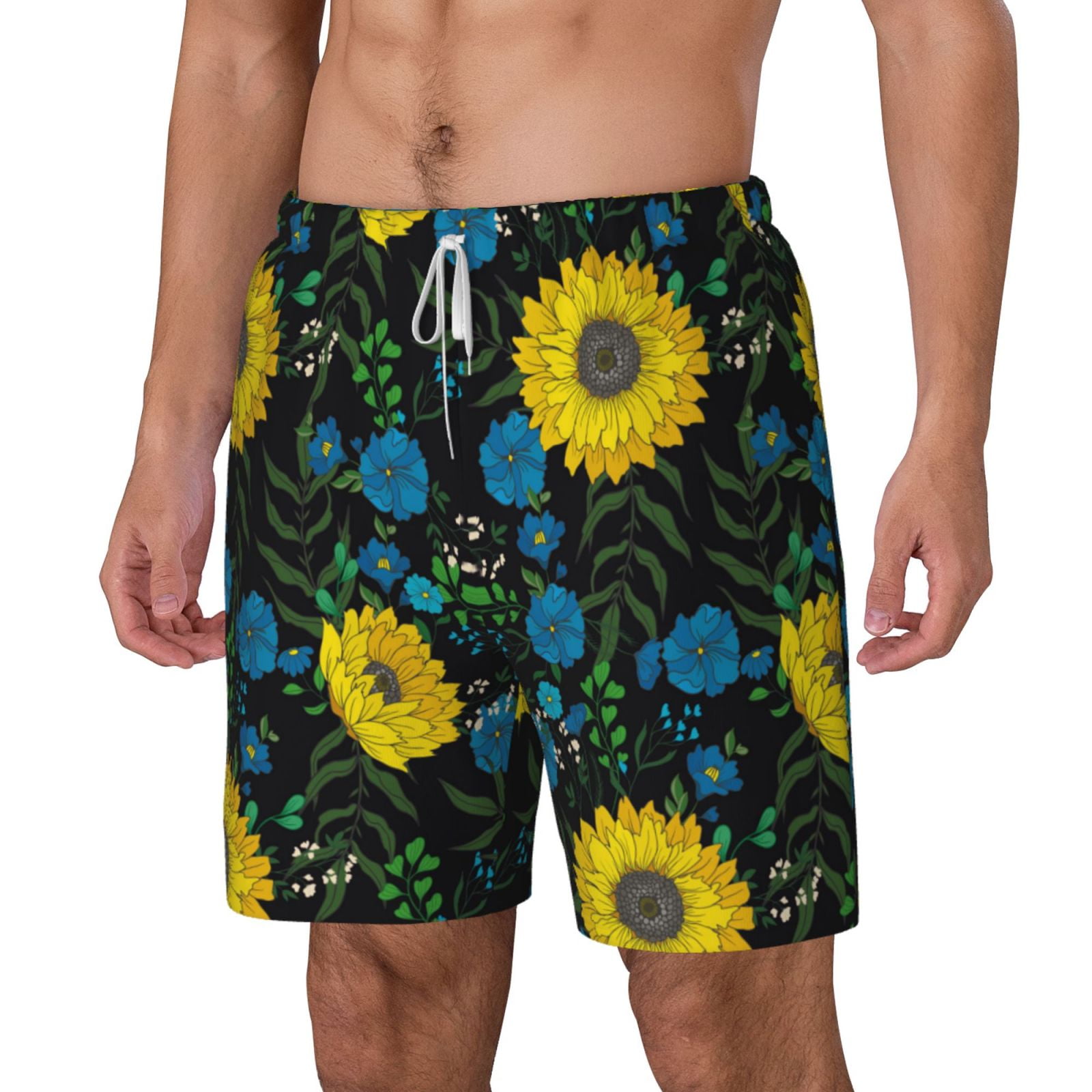 Picia Sunflowers And Blue Flower pattern Mens Swim Trunks with ...