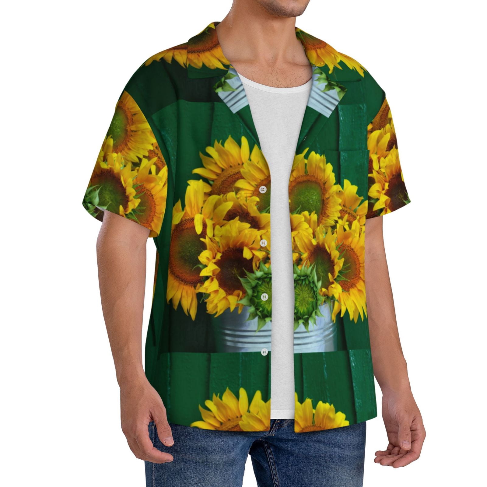 Picia Sunflowers in Bucket Men's Linen Shirts Short Sleeve Cuban Beach ...