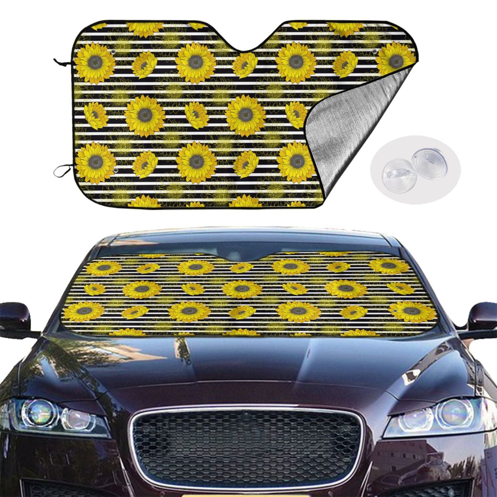 Picia Sunflowers On Black And White Stripes Curved Windshield Sunshade ...