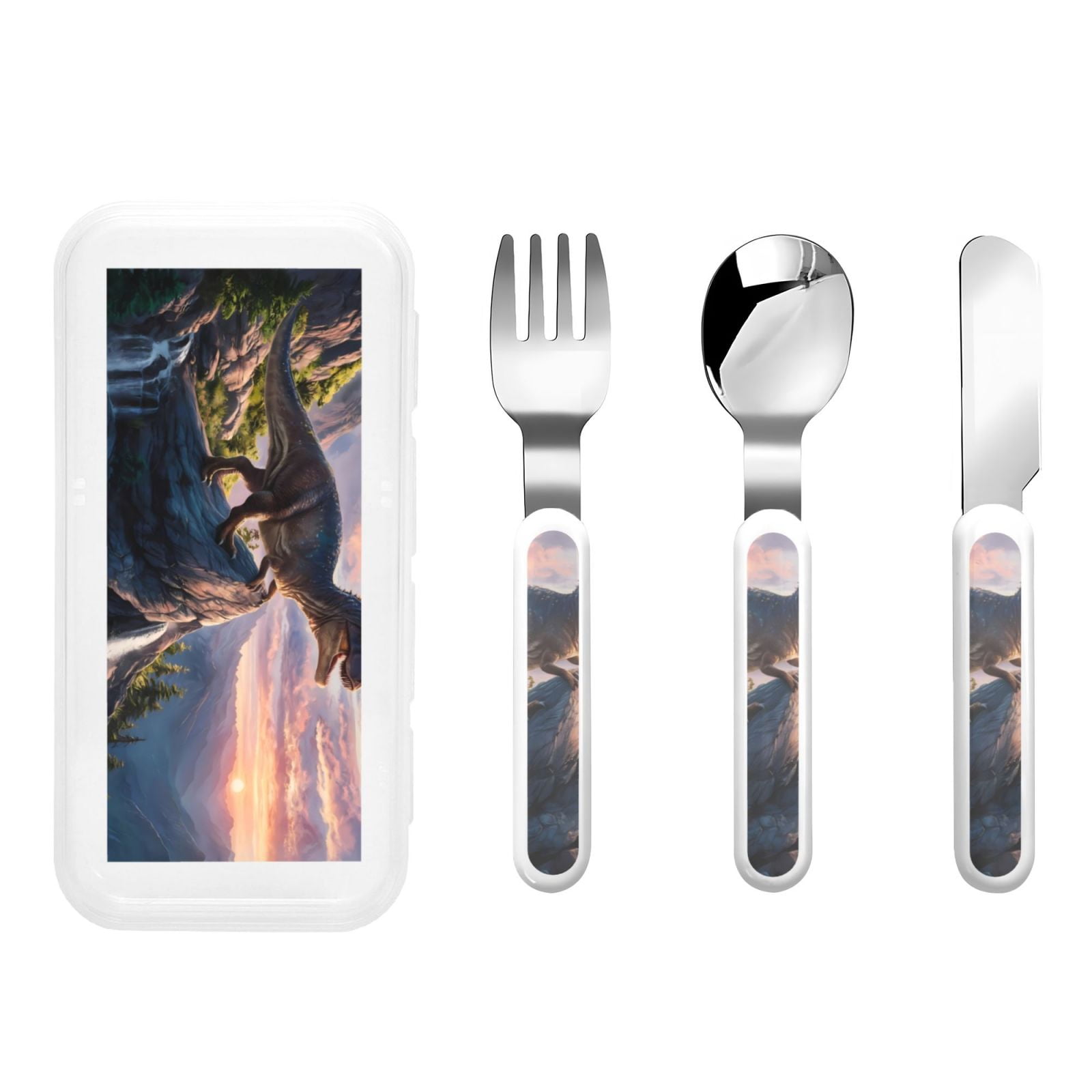 Picia Sunset Cliff Dinosaur Print Children's Knife, Fork And Spoon Set ...