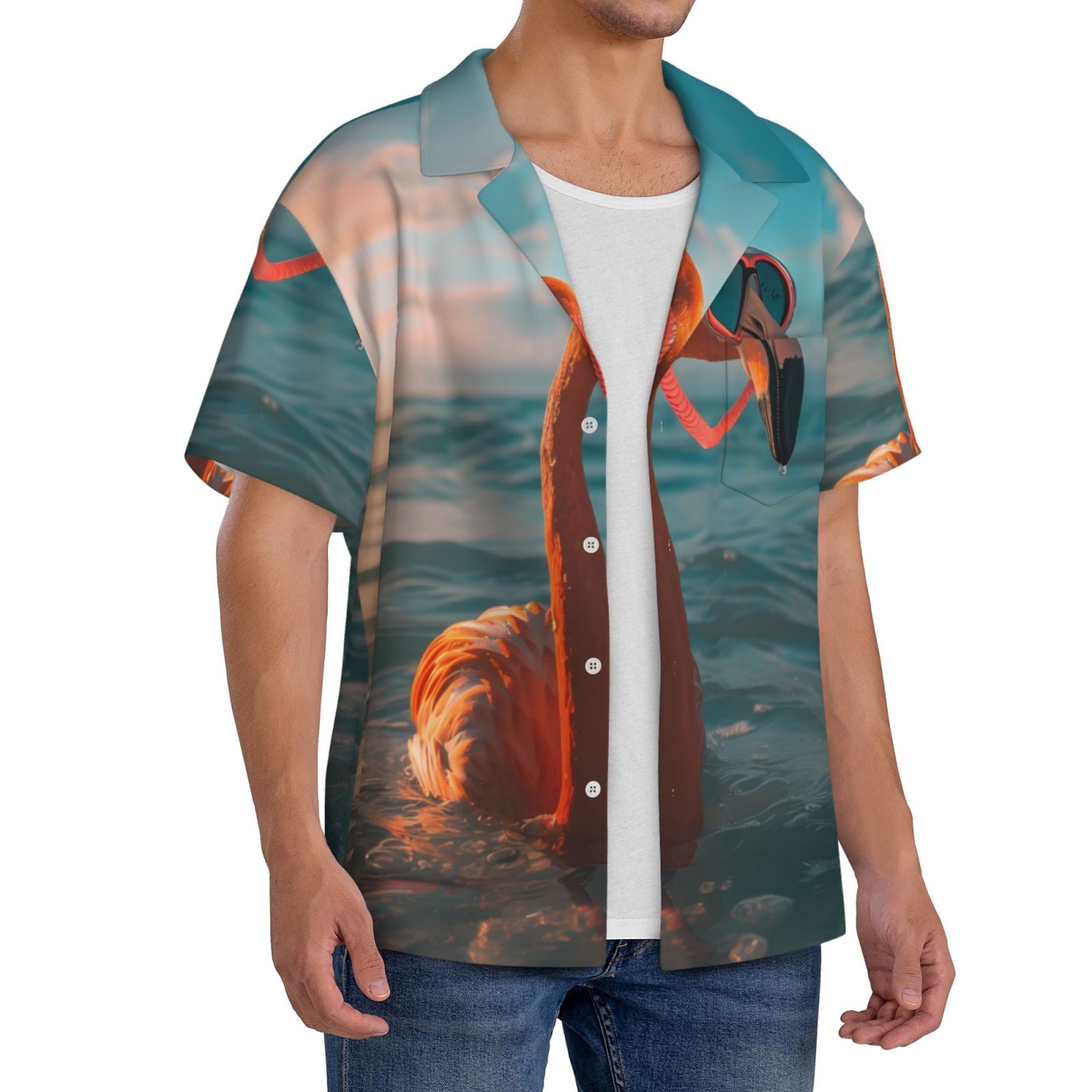 Picia Swimming Goggled Flamingo Men's Linen Shirts Short Sleeve Cuban ...