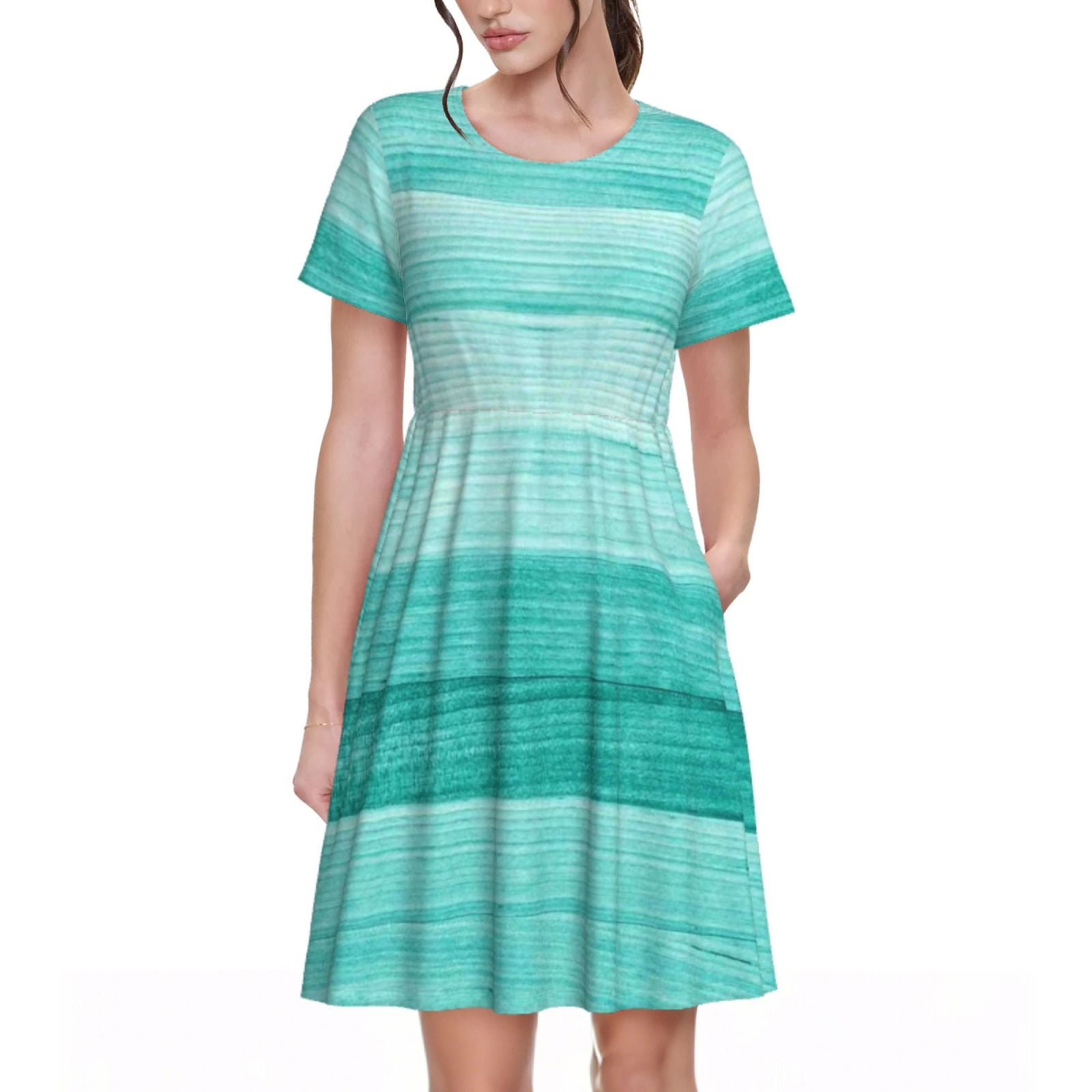 Picia Teal Turquoise Pattern Women's Short Sleeve Summer Dress Pleated ...
