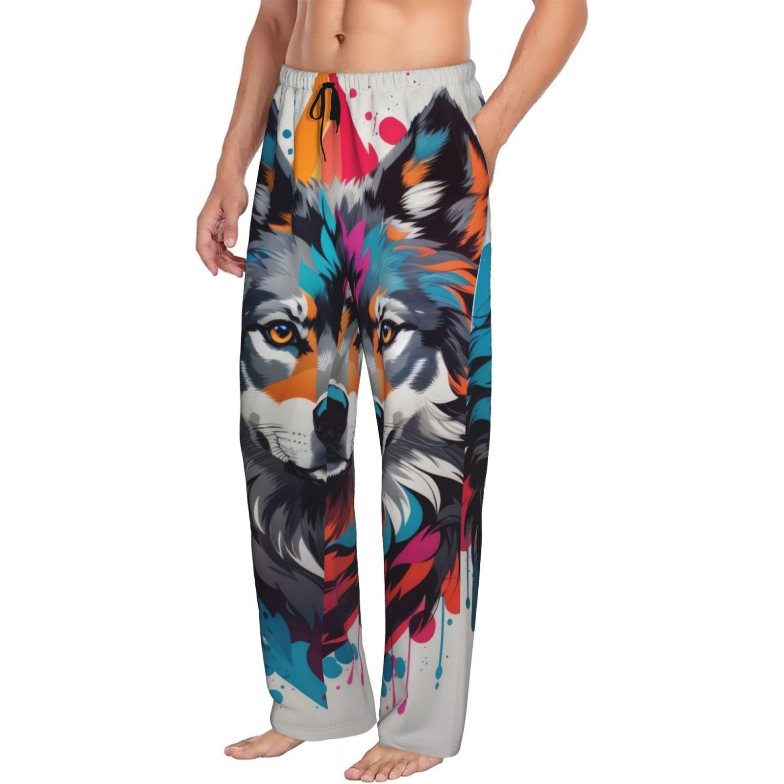 Picia Tie-Dye Wolf Head Mens Soft Woven Cotton Elastic Waistband Sleep ...
