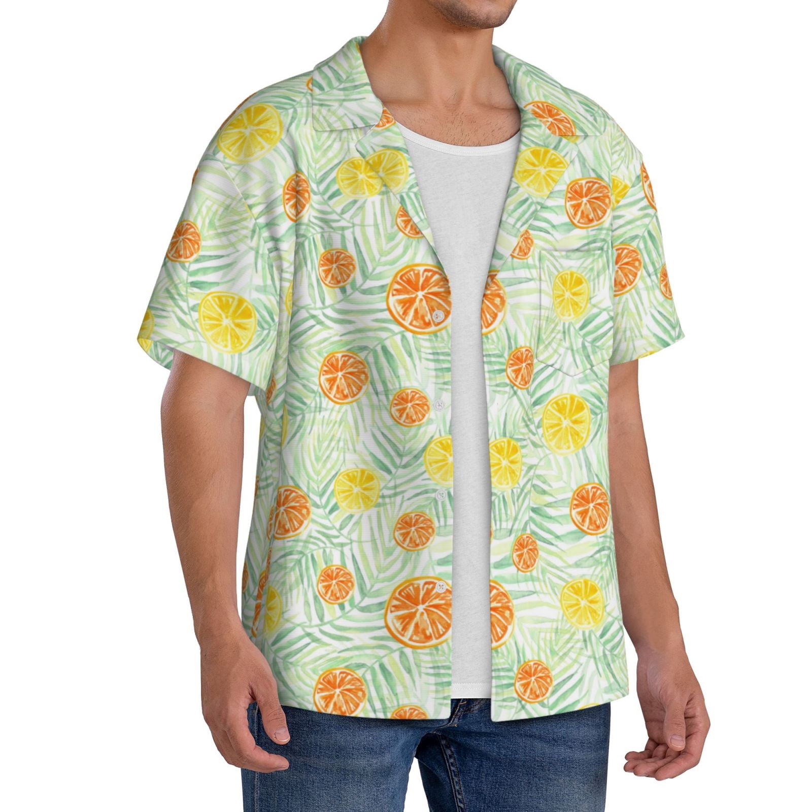 Picia Tree Palms Lemon Men's Linen Shirts Short Sleeve Cuban Beach ...