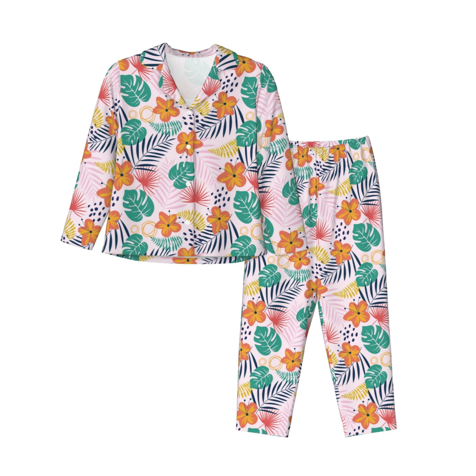 Picia Tropical Plants Pattern Women’s Long-Sleeve Sleepwear Set - Soft ...