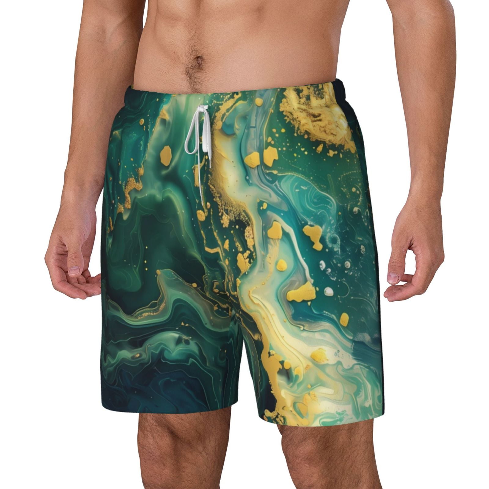 Picia Turquoise Golden Swirl pattern Mens Swim Trunks with Compression ...