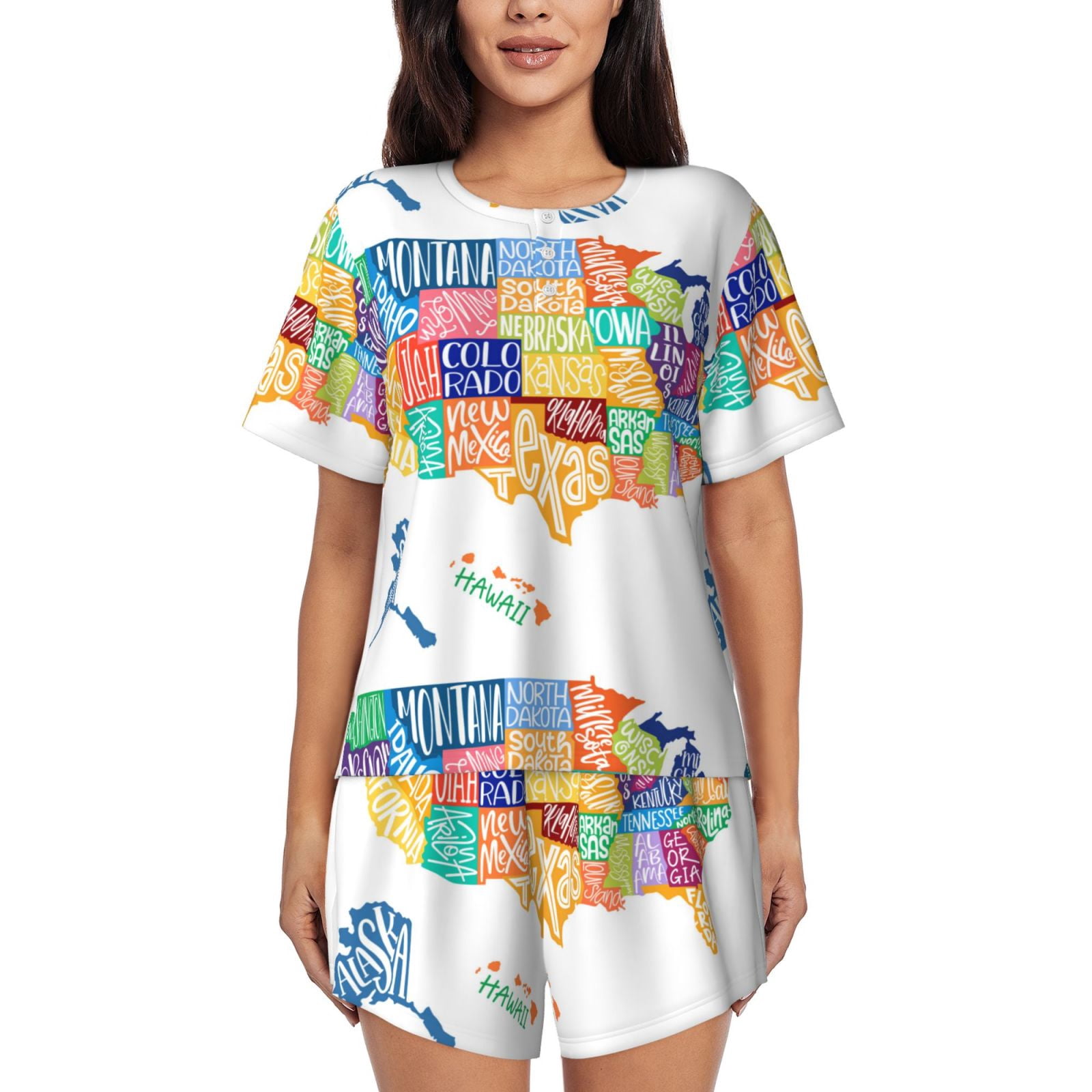 Picia USA MAP Pajamas Sets for Women Soft Short-Sleeved Pjs with Lounge ...