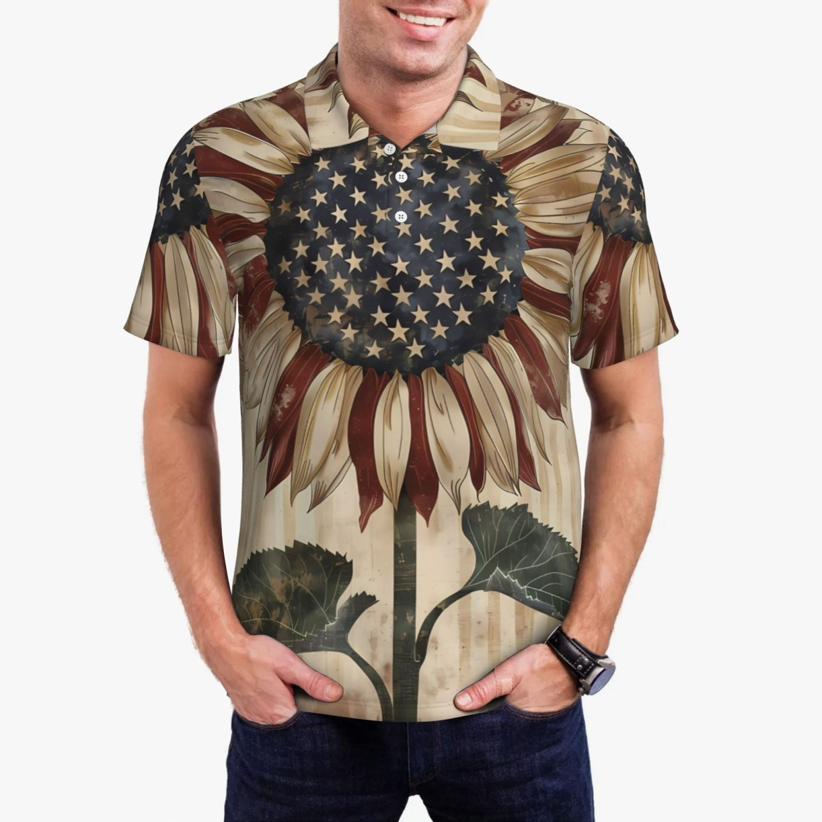 Picia USA Sunflower Flag Print Men's Polo Shirt, Two-Button Closure ...