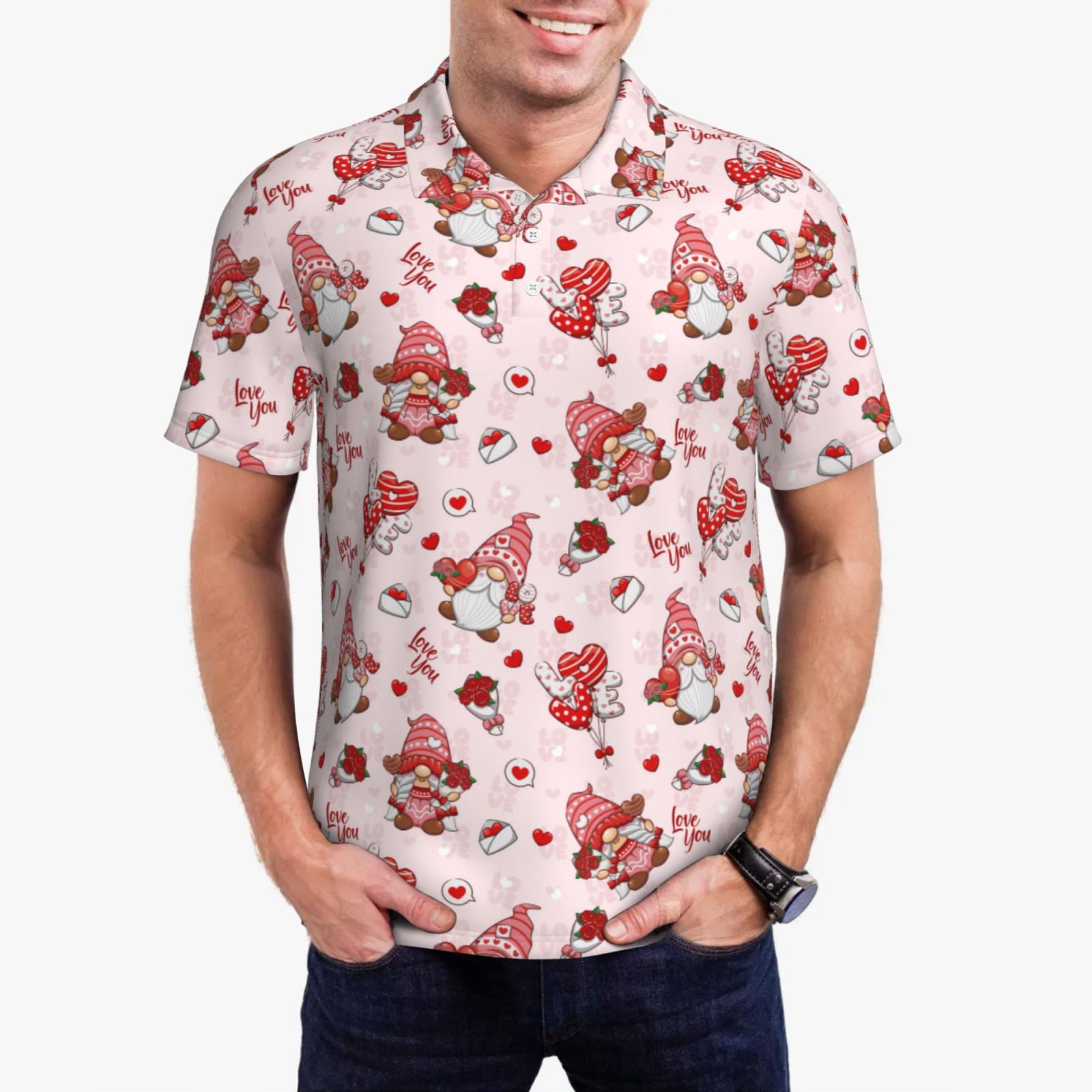 Picia Valentine's Day gnome Print Men's Polo Shirt, Two-Button Closure ...