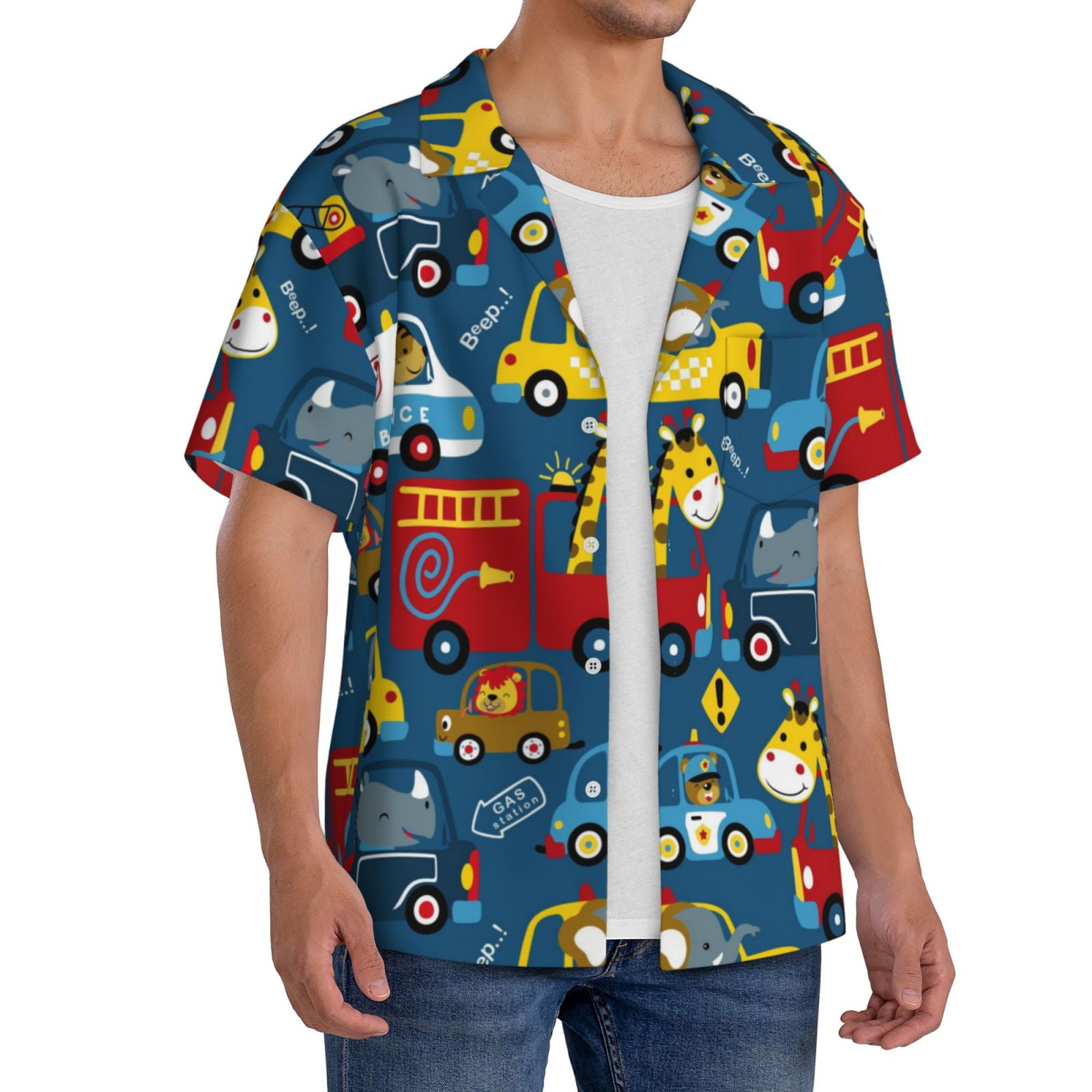 Picia Vehicles Cartoon with Funny Drivers Men's Linen Shirts Short ...
