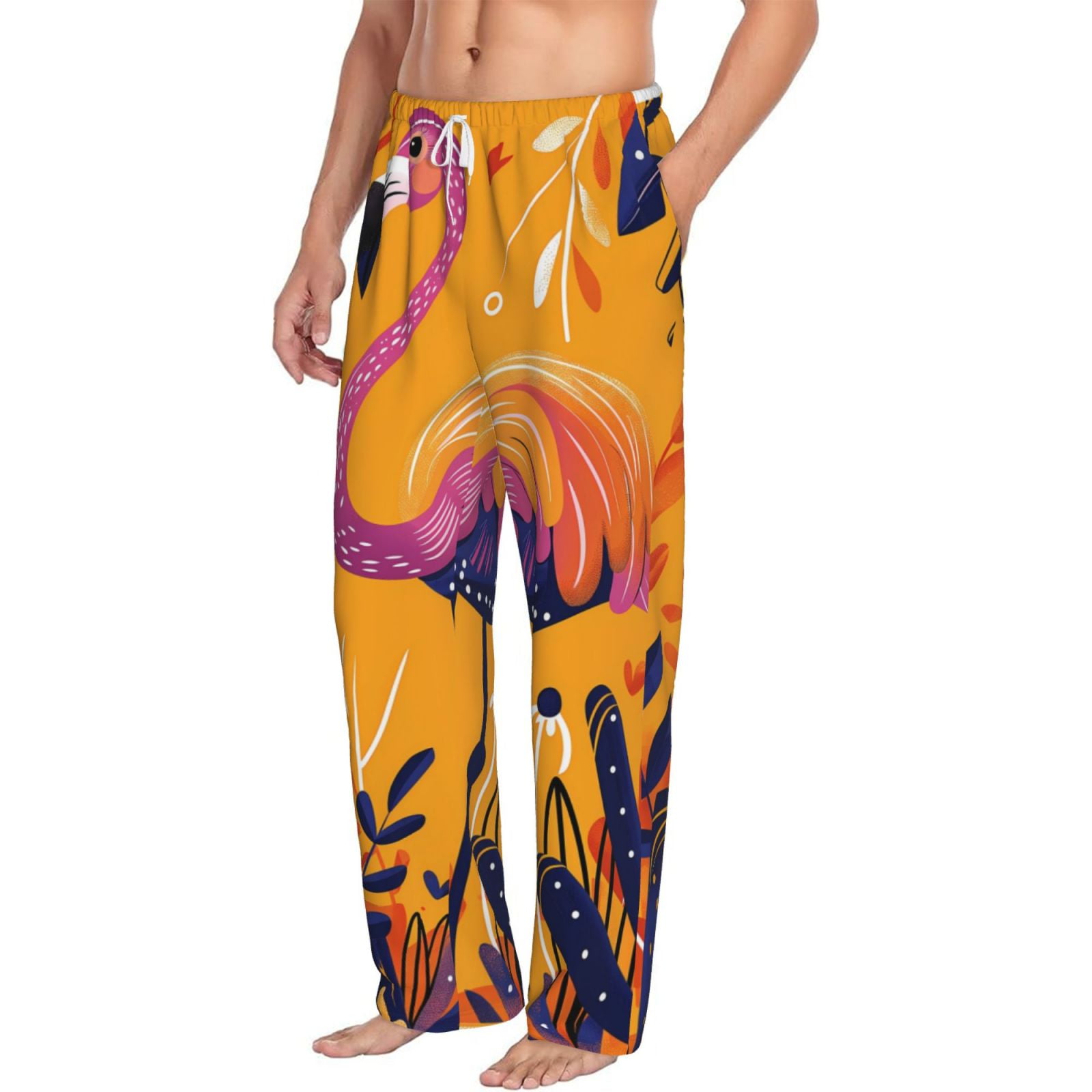 Picia Vibrant Flamingo Illustration Mens Soft Woven Cotton Elastic Waistband Sleep Pajama Pant ...
