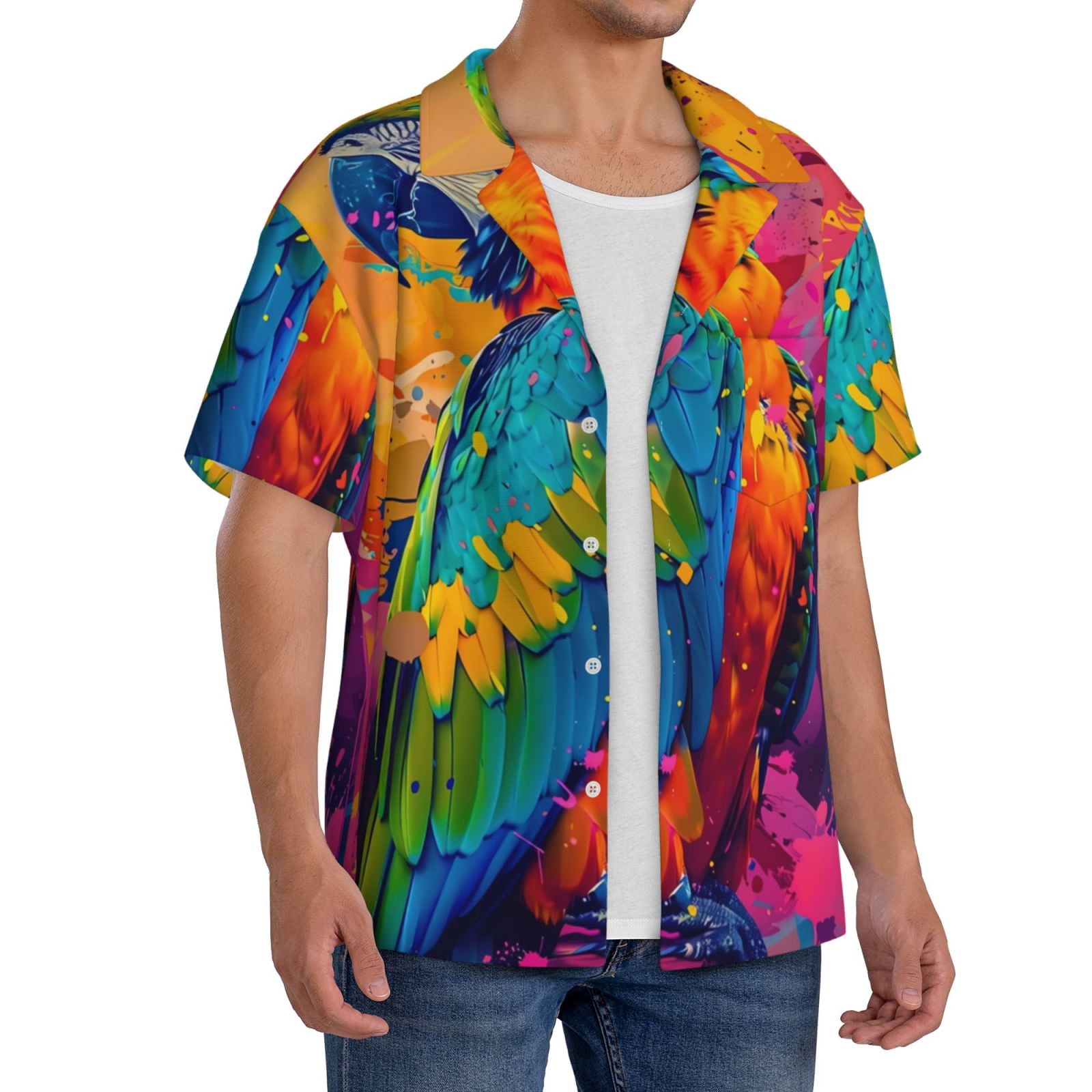 Picia Vibrant Parrot Splash Art Men's Linen Shirts Short Sleeve Cuban ...