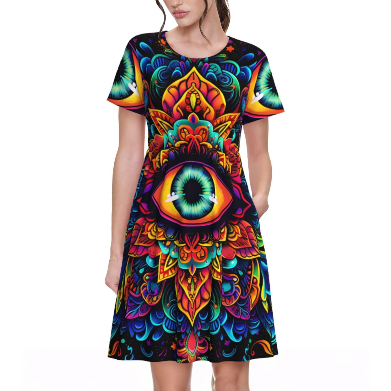 Picia Vibrant Psychedelic Eye Pattern Women's Short Sleeve Summer Dress ...