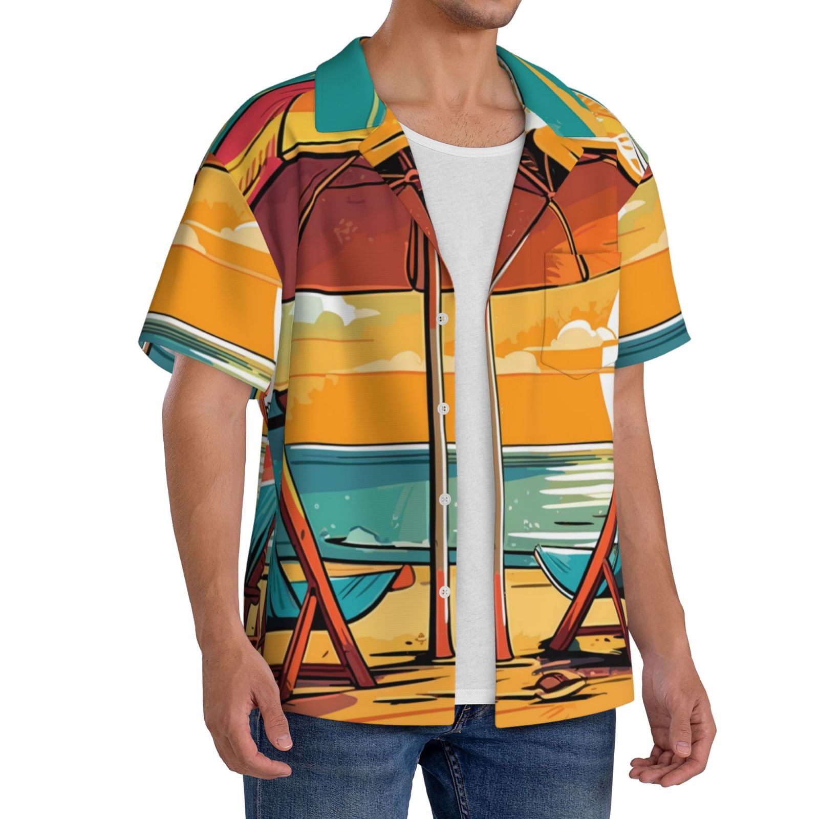 Picia Vintage Beach Sunset Men's Linen Shirts Short Sleeve Cuban Beach ...