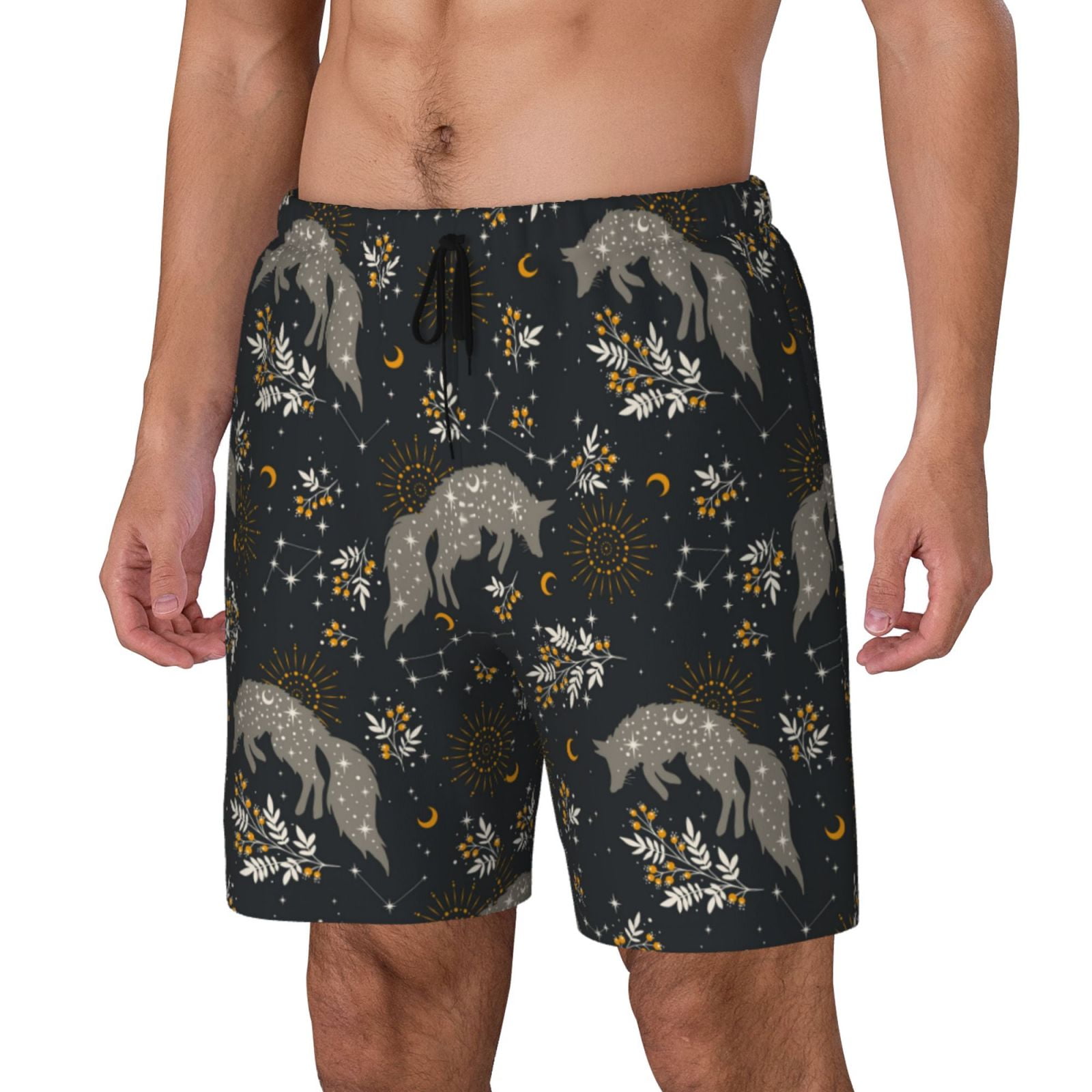 Picia Vintage Moon with Plants and Fox pattern Mens Swim Trunks with ...