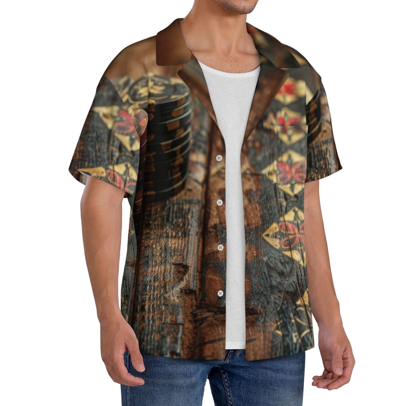 Picia Vintage Poker Chips Men's Linen Shirts Short Sleeve Cuban Beach ...