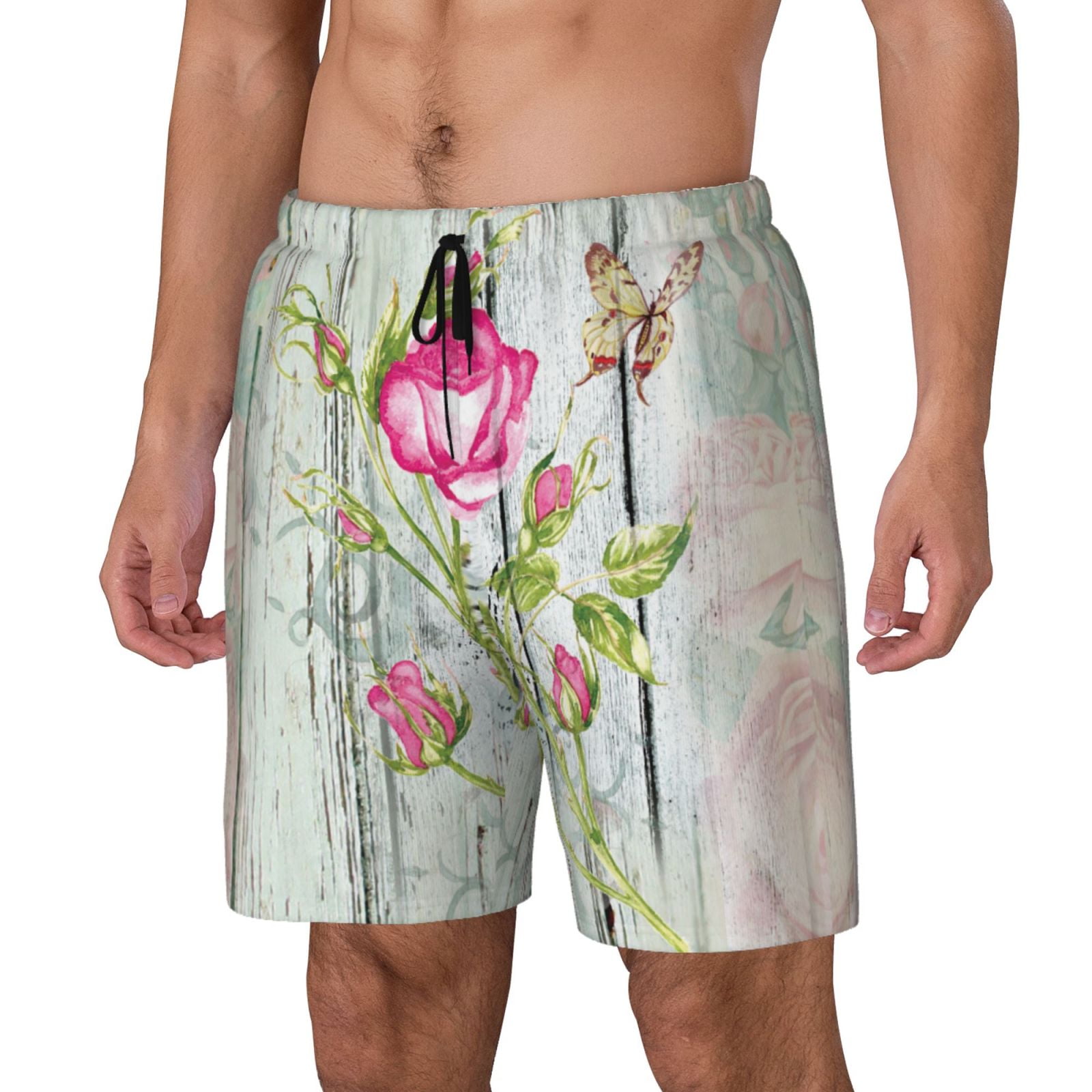 Picia Vintage Wood Background with Floral pattern Mens Swim Trunks with ...